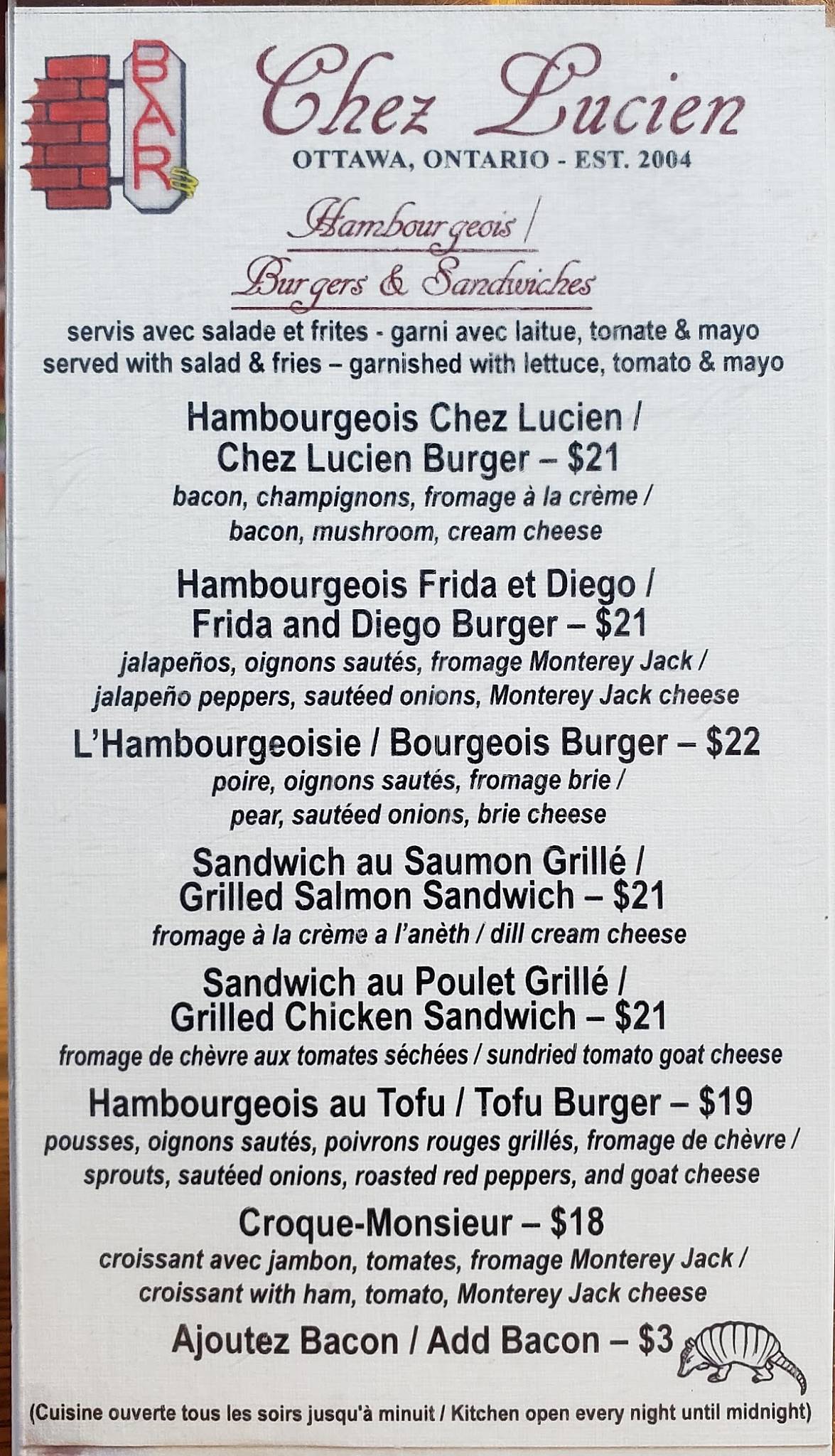 Menu at Chez Lucien pub & bar, Ottawa