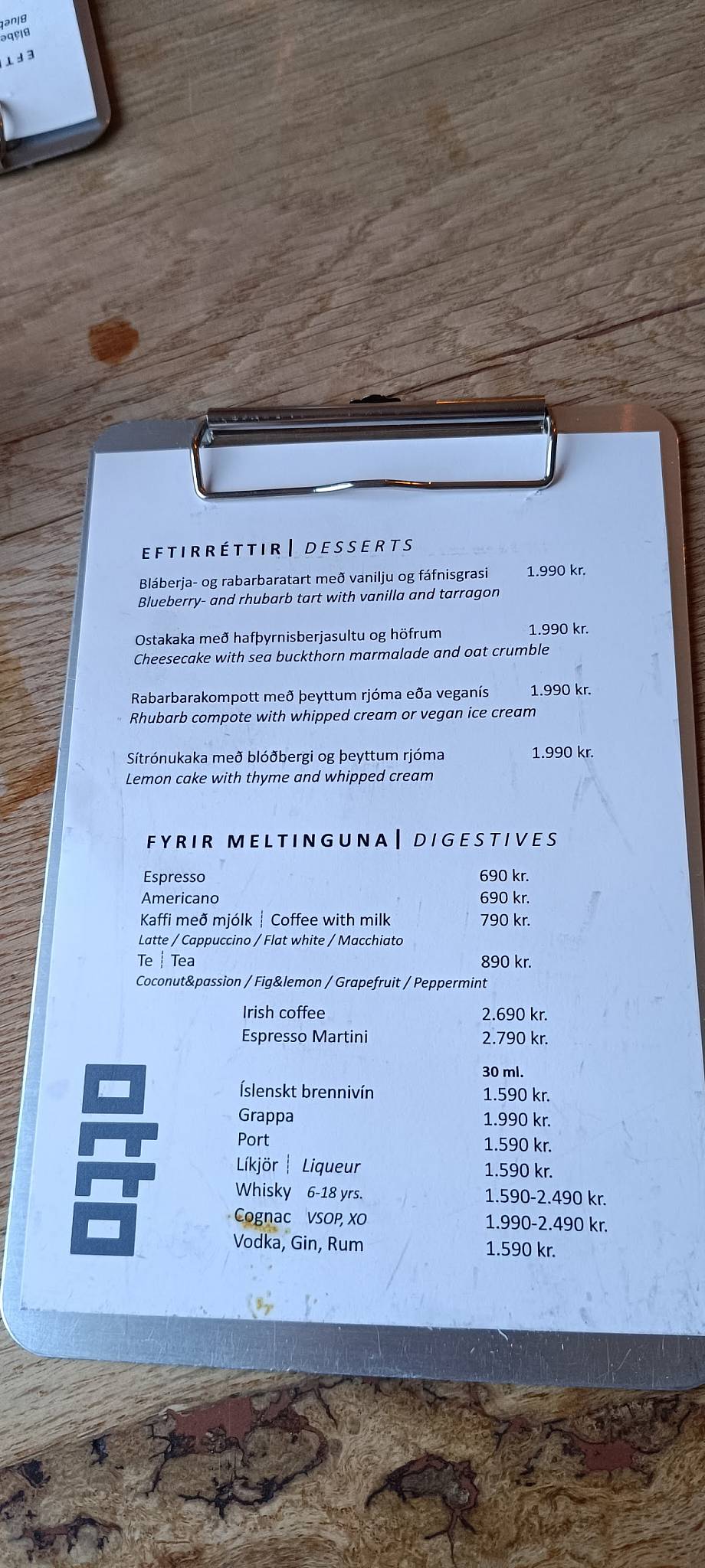 Menu at Otto Matur & Drykkur restaurant, Höfn