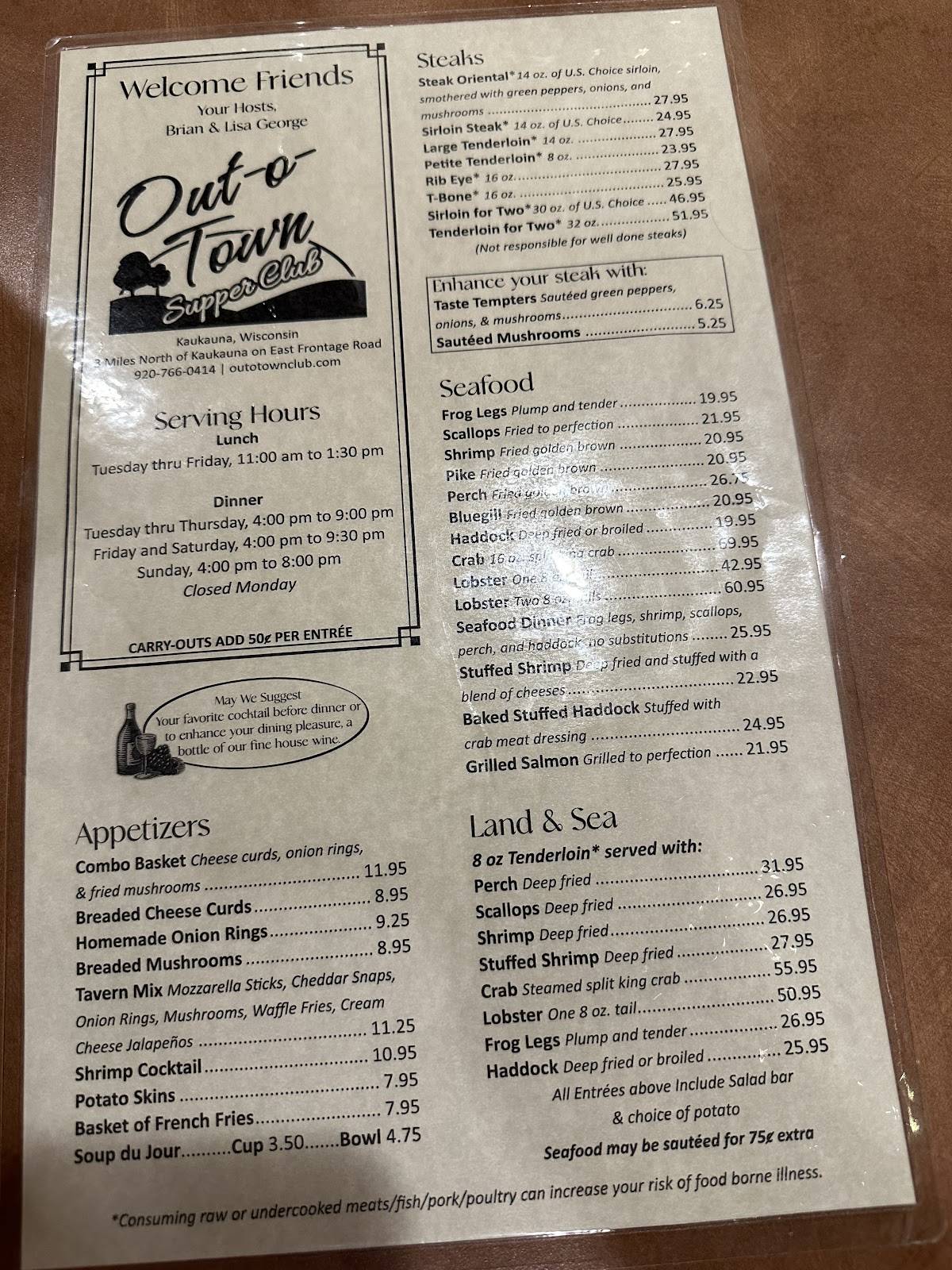 Menu at Out-O-Town Supper Club, Kaukauna