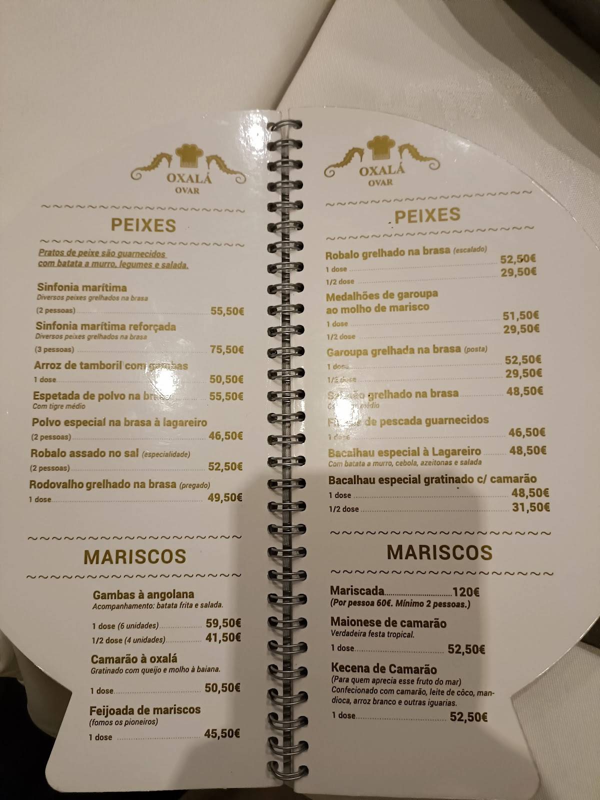 Menu em Oxala restaurante, Ovar