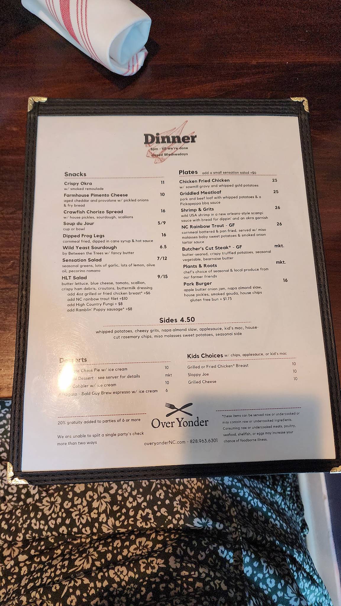 Menu at Over Yonder Restaurant, Valle Crucis, NC-194