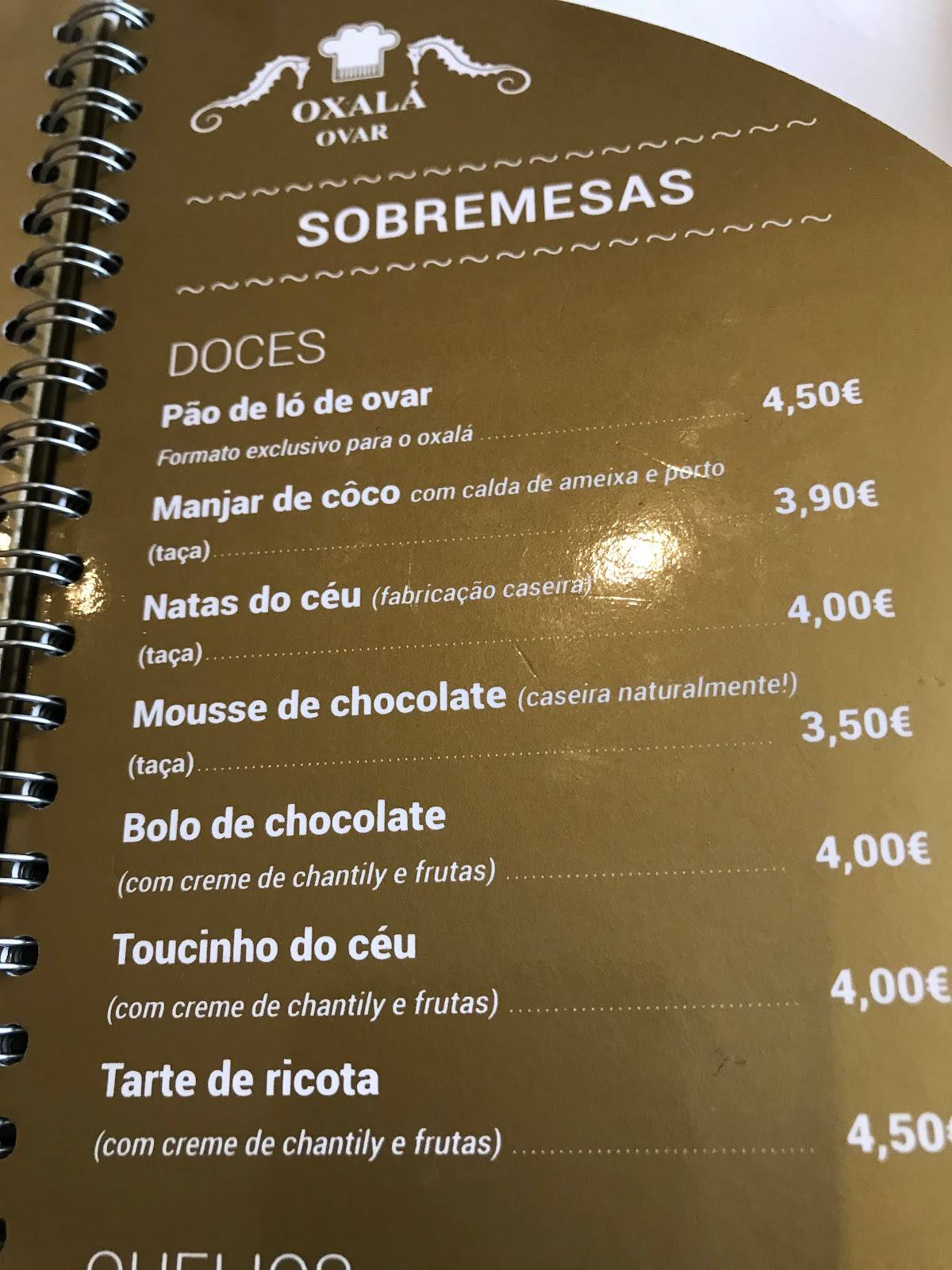 Menu em Oxala restaurante, Ovar