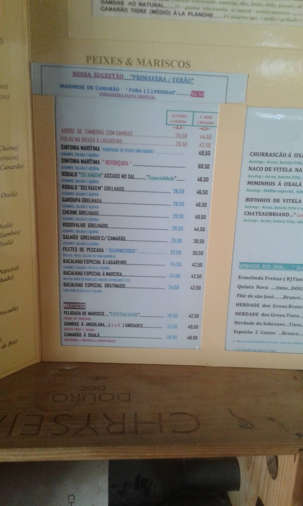 Menu em Oxala restaurante, Ovar