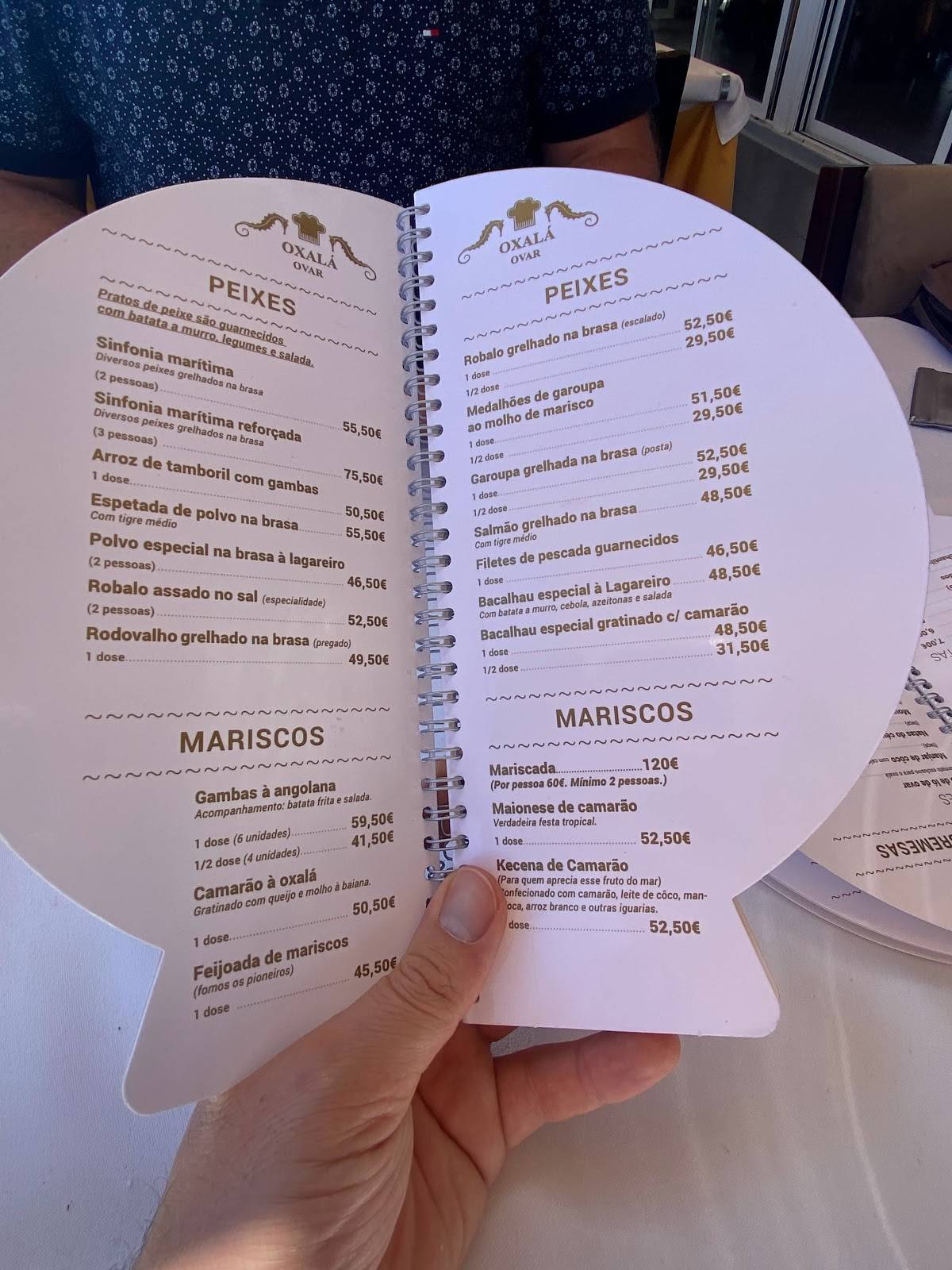 Menu em Oxala restaurante, Ovar