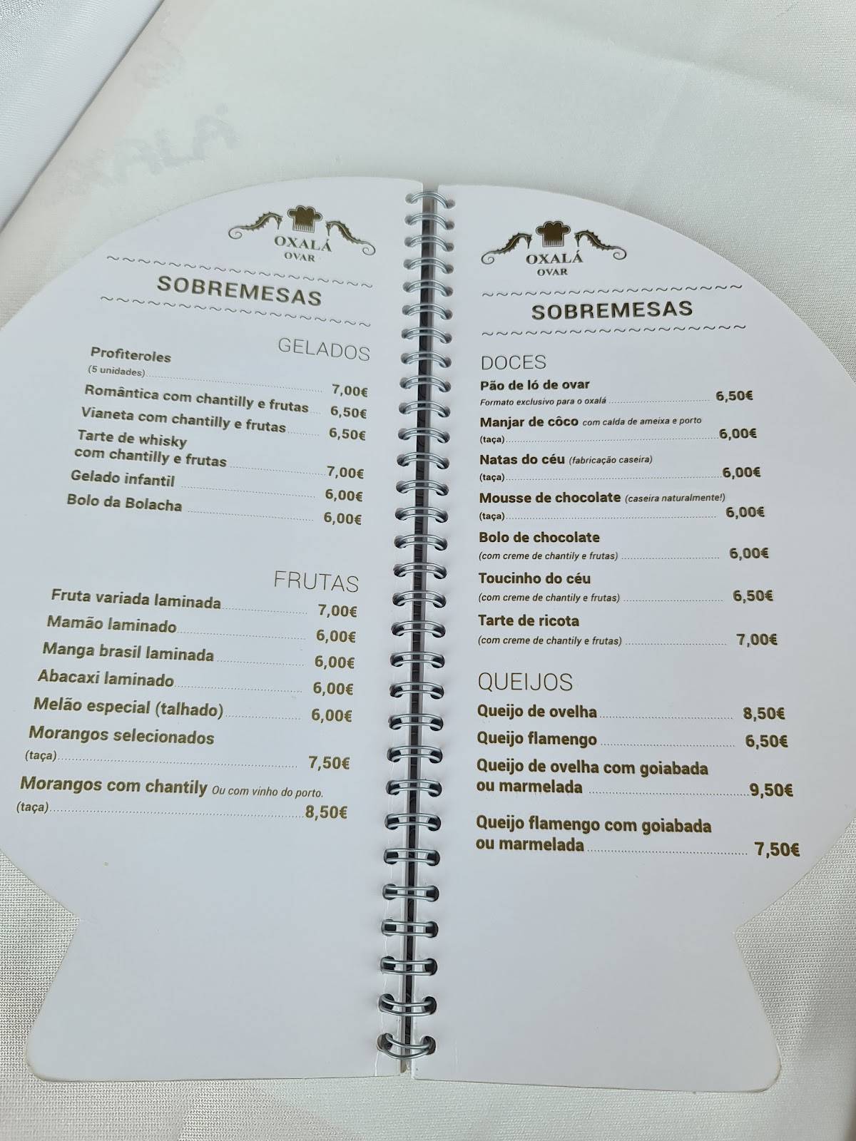 Menu em Oxala restaurante, Ovar