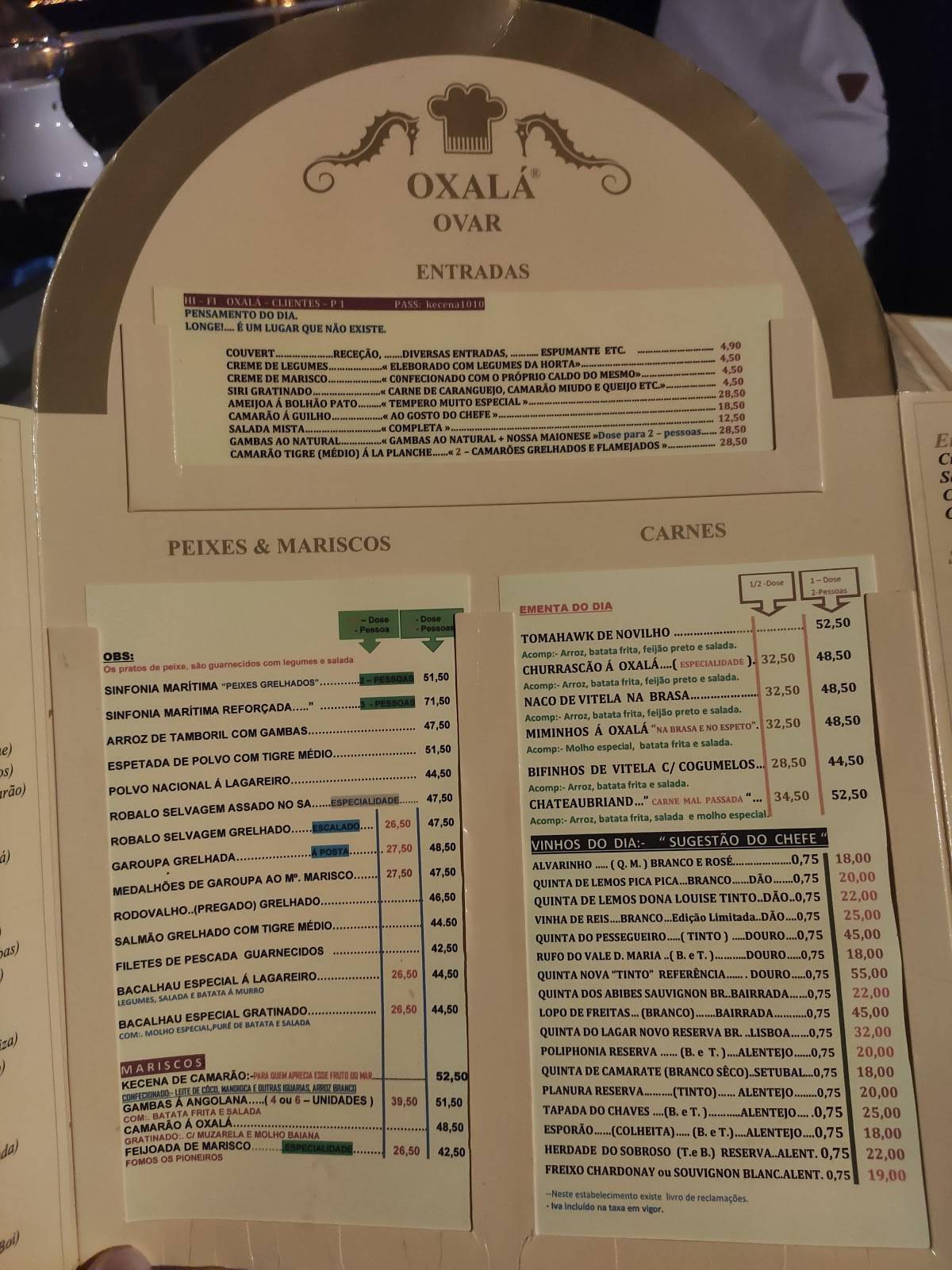 Menu em Oxala restaurante, Ovar