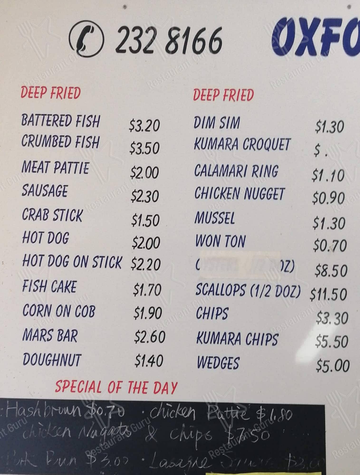 Menu at Oxford Fish Supply restaurant, Wellington