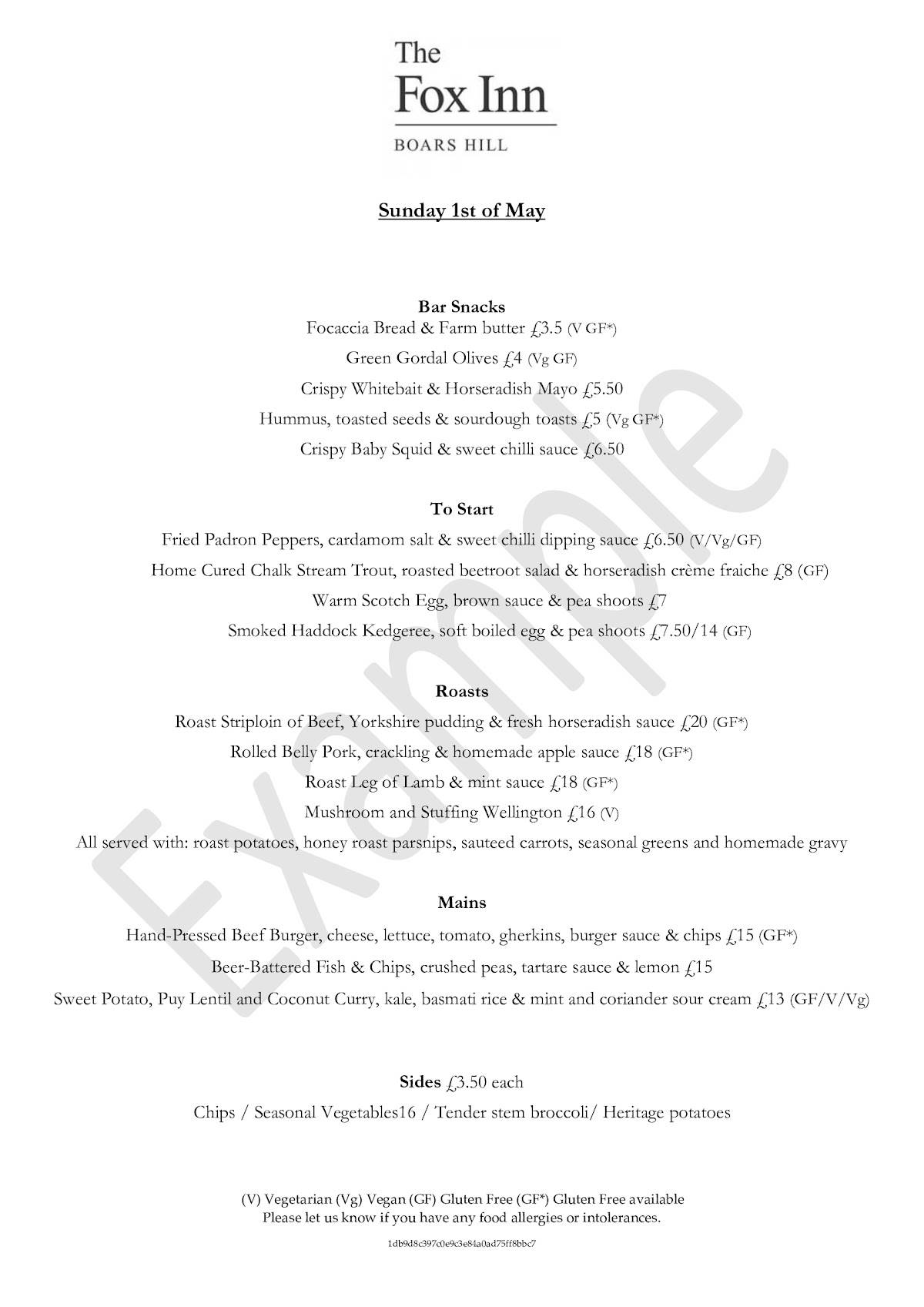 Menu at The Fox Inn pub & bar, Oxford, Fox Ln