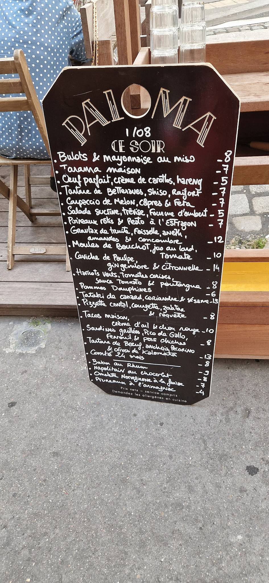 Menu at PALOMA restaurant, Paris, 93 Rue Julien Lacroix