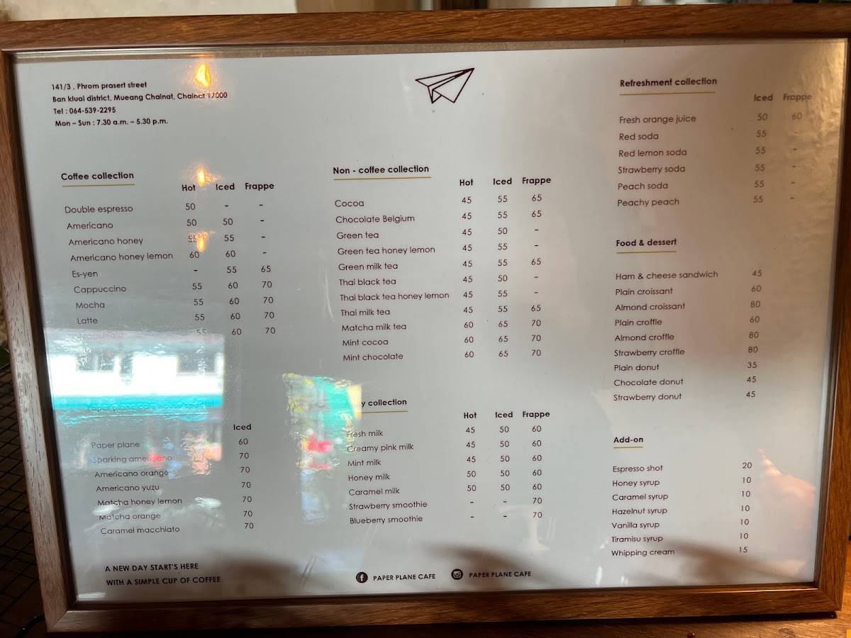 Carta de PAPER PLANE CAFE, Chai Nat