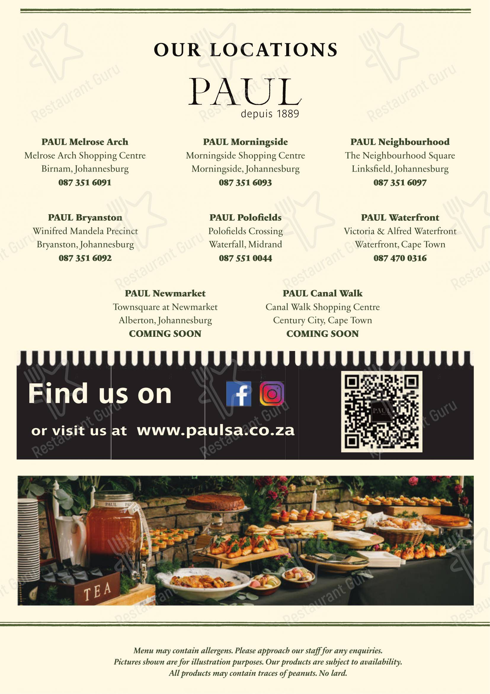 Menu at PAUL BBQ, Johannesburg, Melrose Arch Corner High Street
