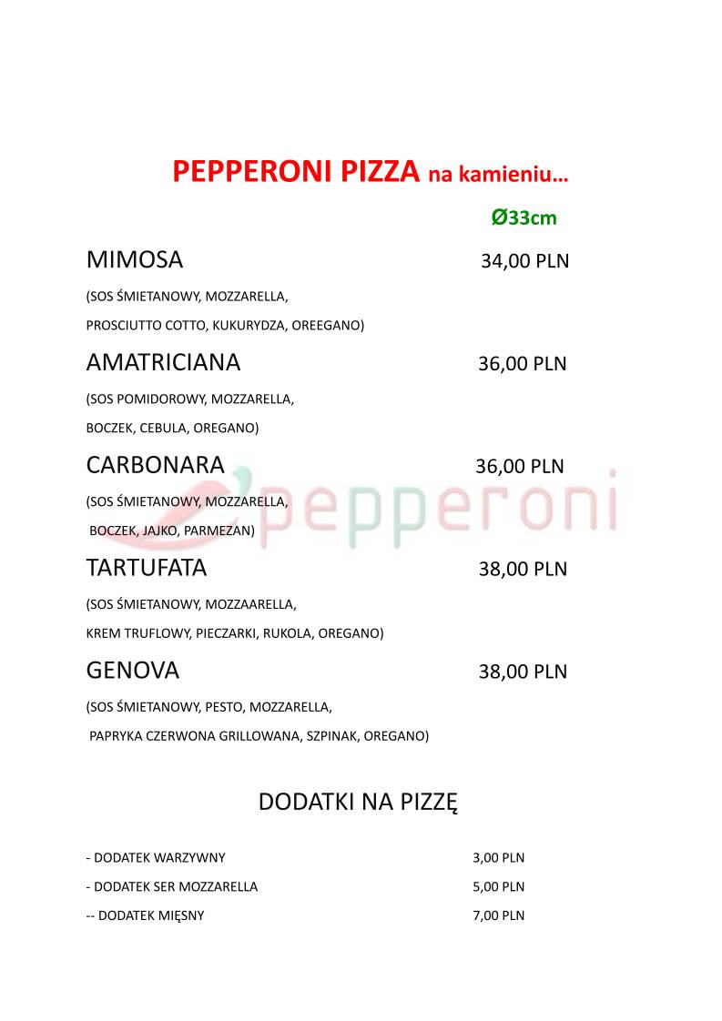 Menu at PEPPERONI pizzeria, Kamieniec Wrocławski