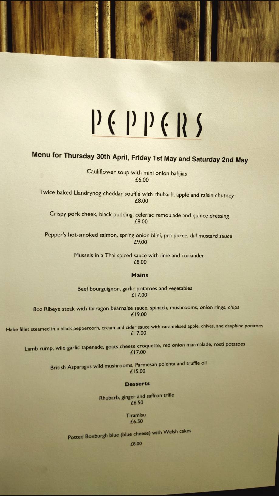 Menu at PEPPERS cafe, Fishguard