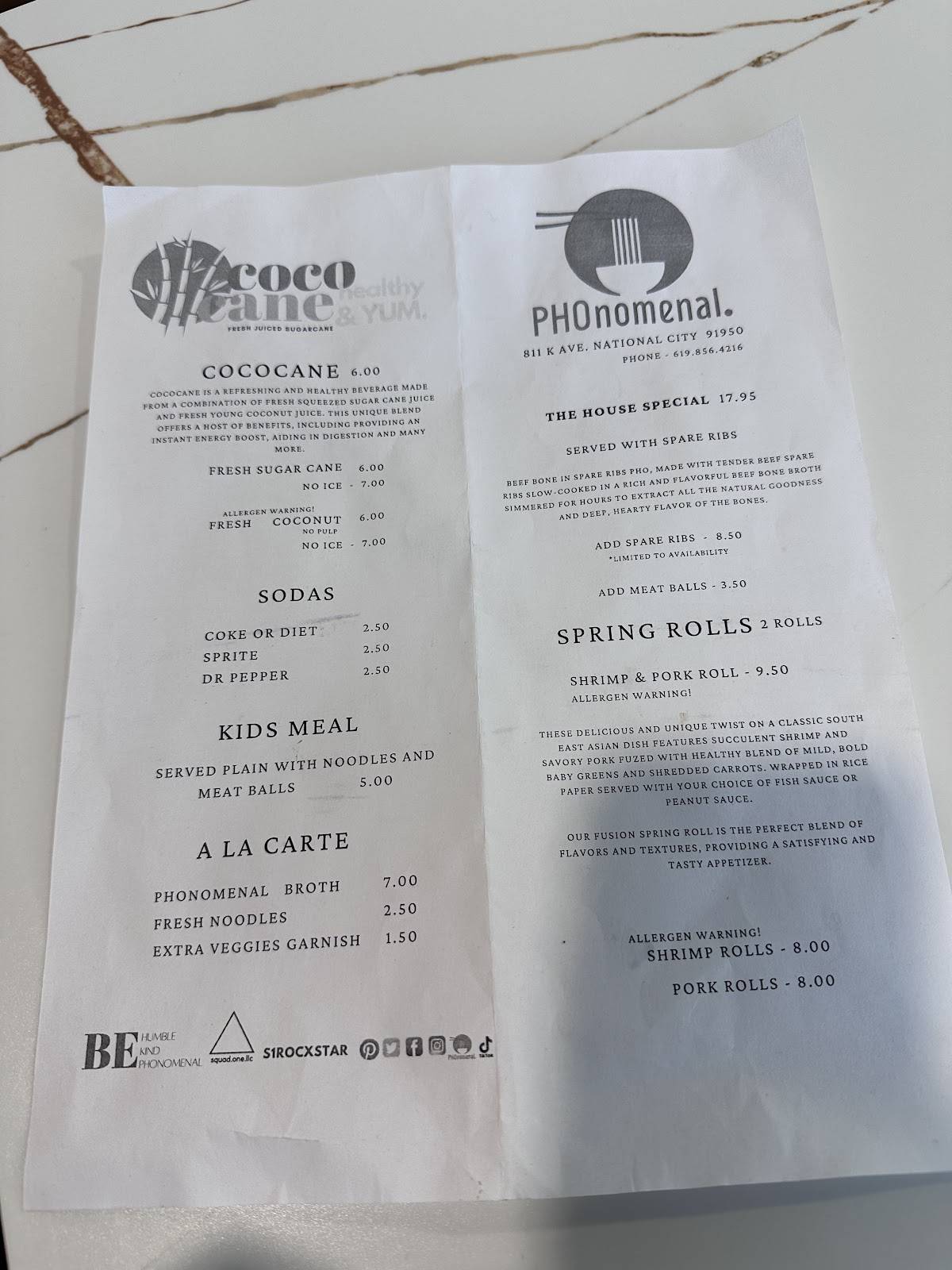 Menu at PHOnomenal restaurant, National City