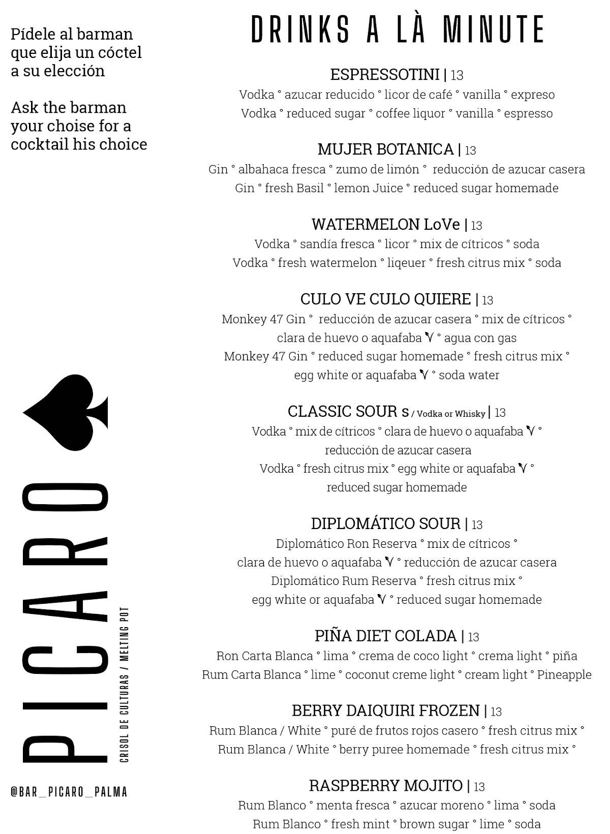 Menu at PICARO ️ FusionTapasBar & Cócteles, Palma