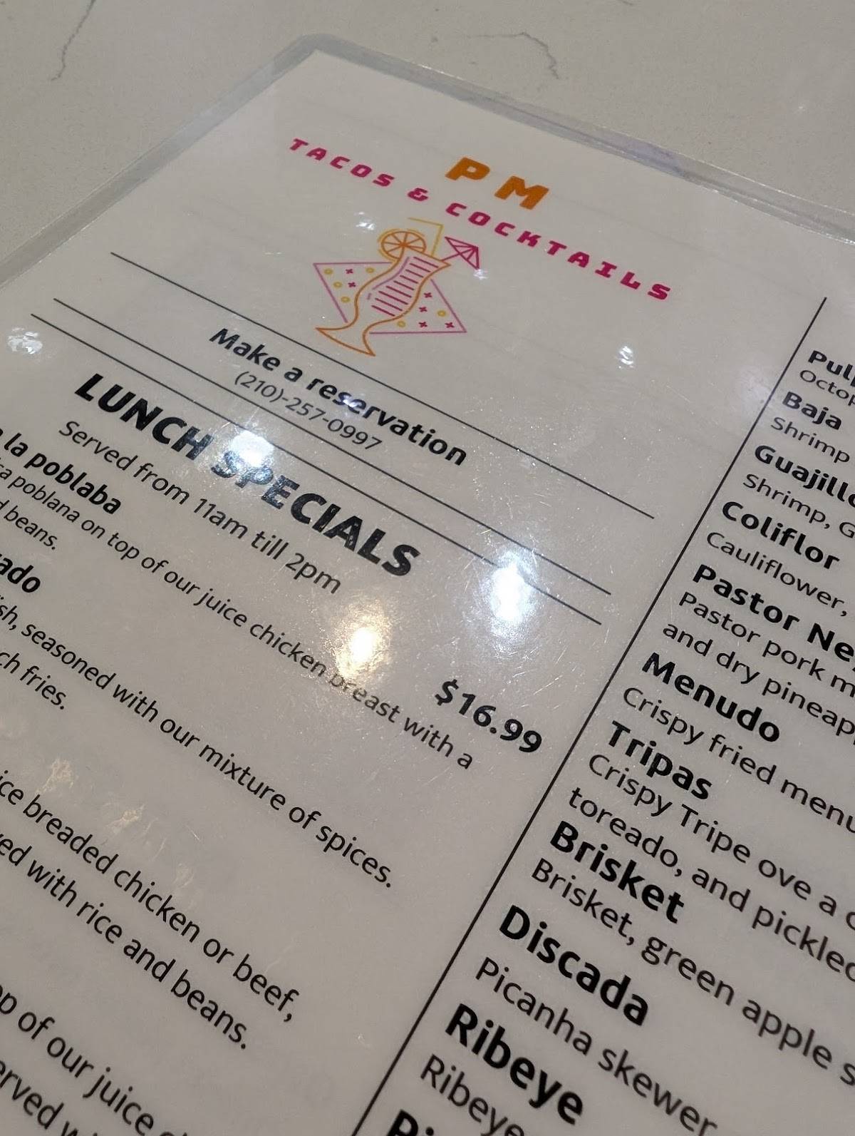 Menu at PM Tacos & Cocktails pub & bar, San Antonio