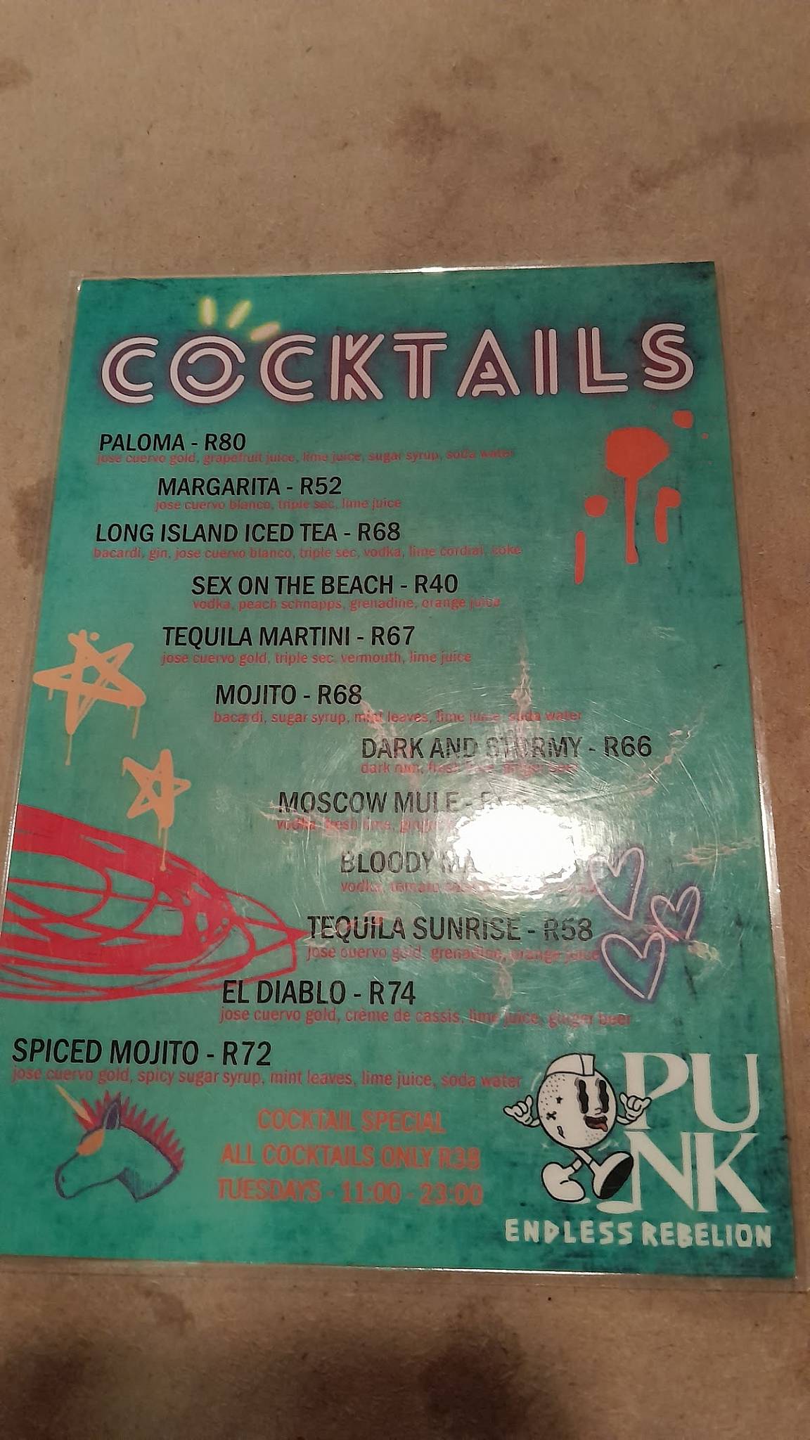 Menu at PUNK Bar, Stellenbosch