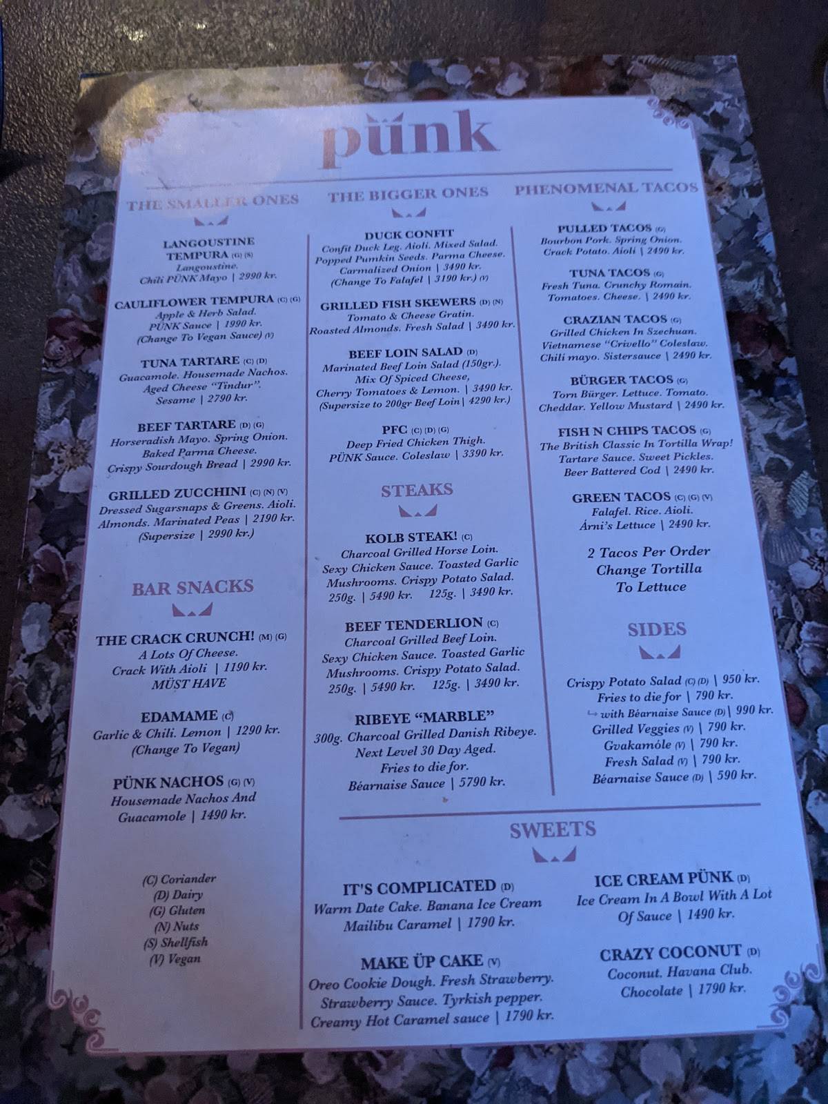 Menu at Punk Restaurant, Reykjavík