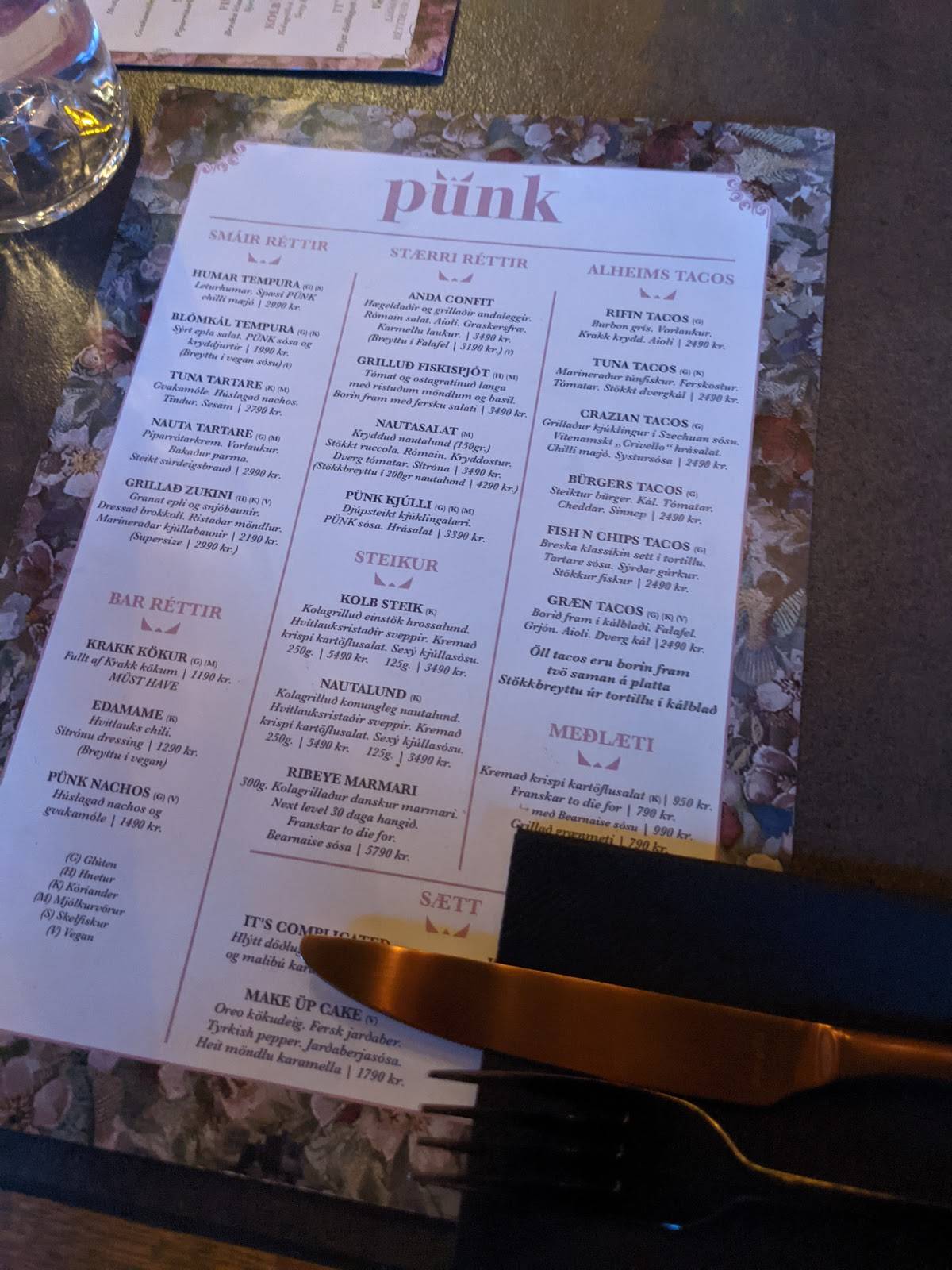 Menu at Punk Restaurant, Reykjavík