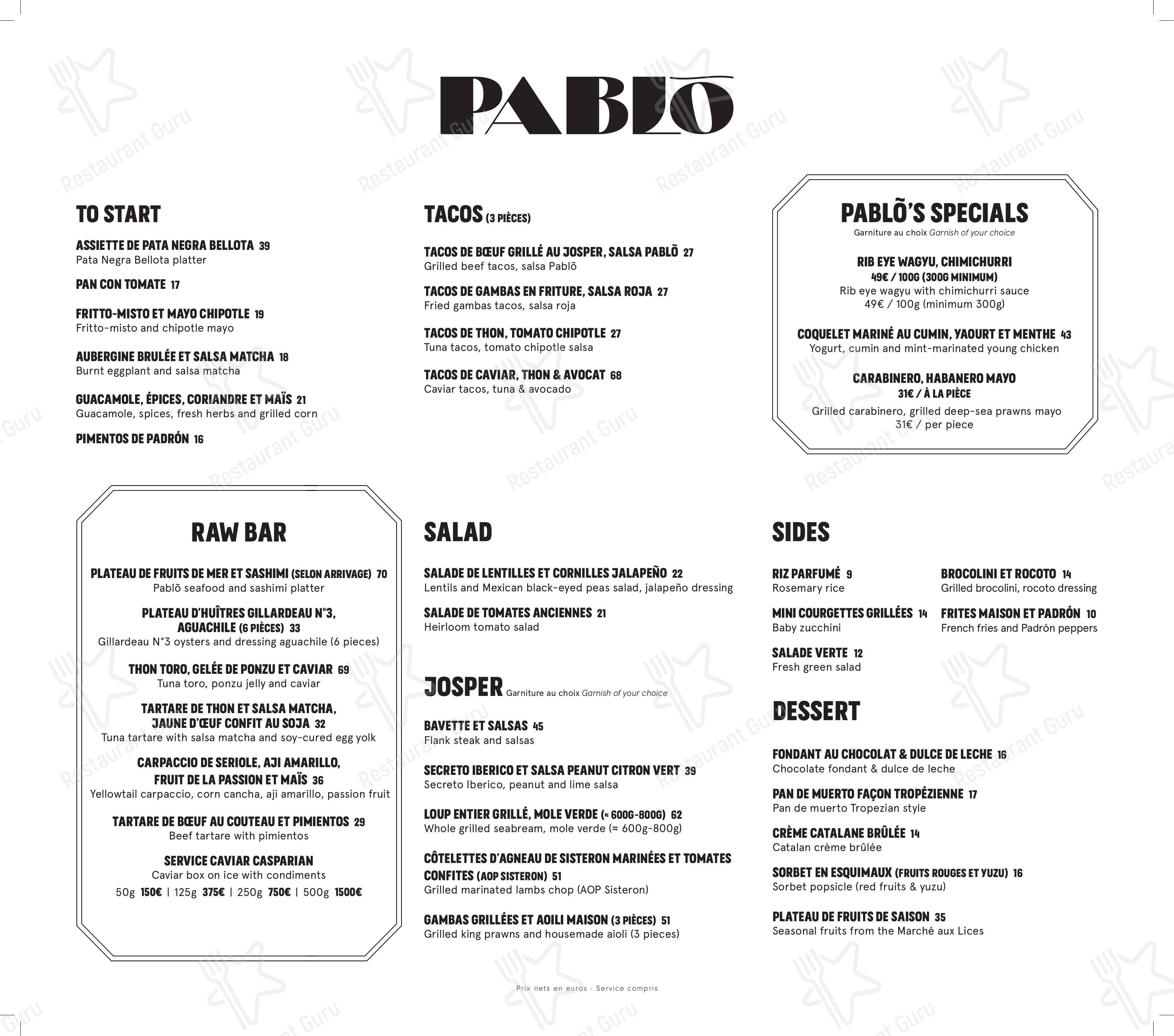 Menu at Pablo restaurant, Saint-Tropez