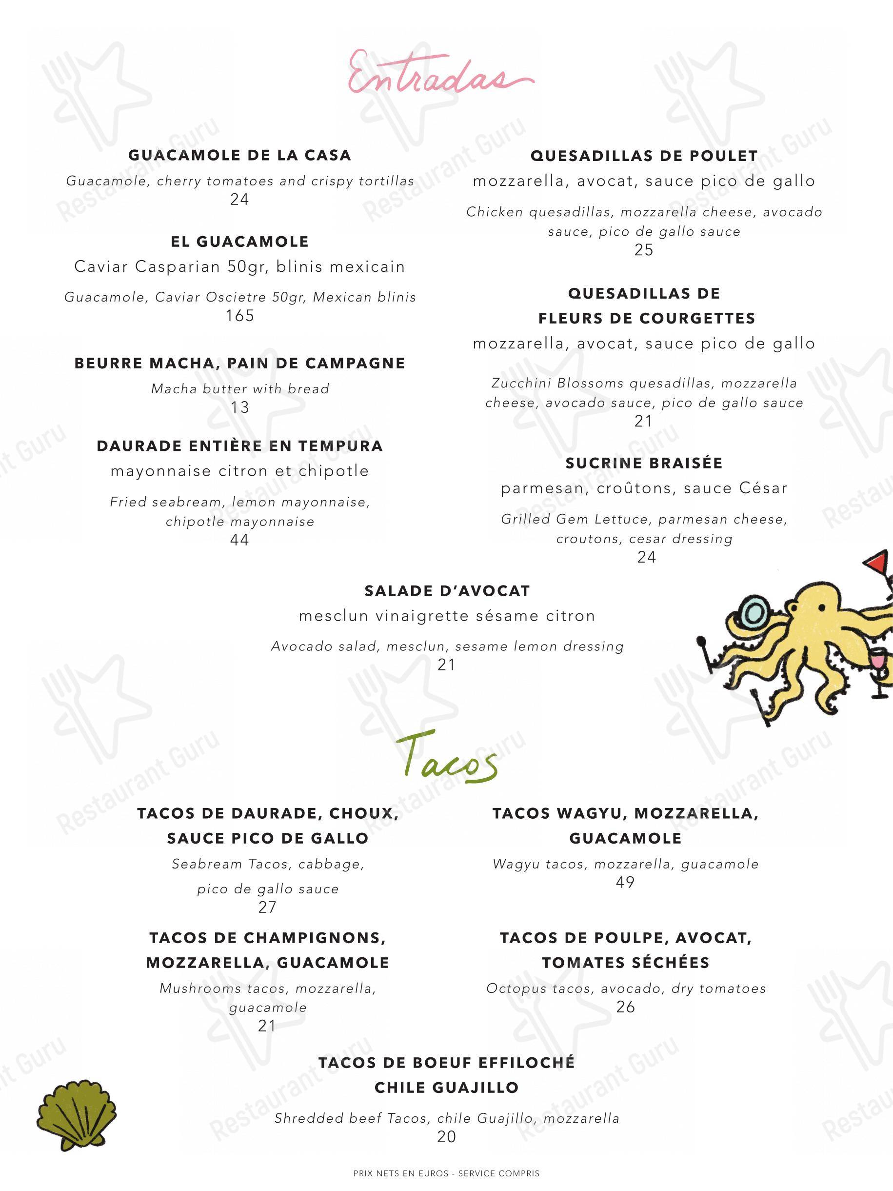 Menu at Pablo restaurant, Saint-Tropez