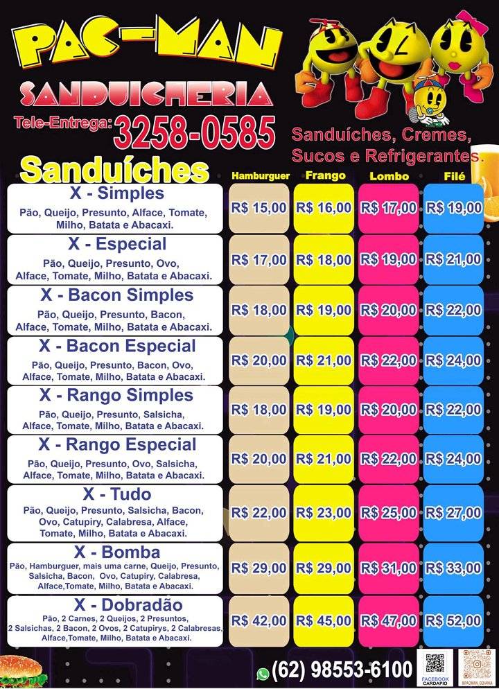 Menu at Pac Man restaurant, Goiânia