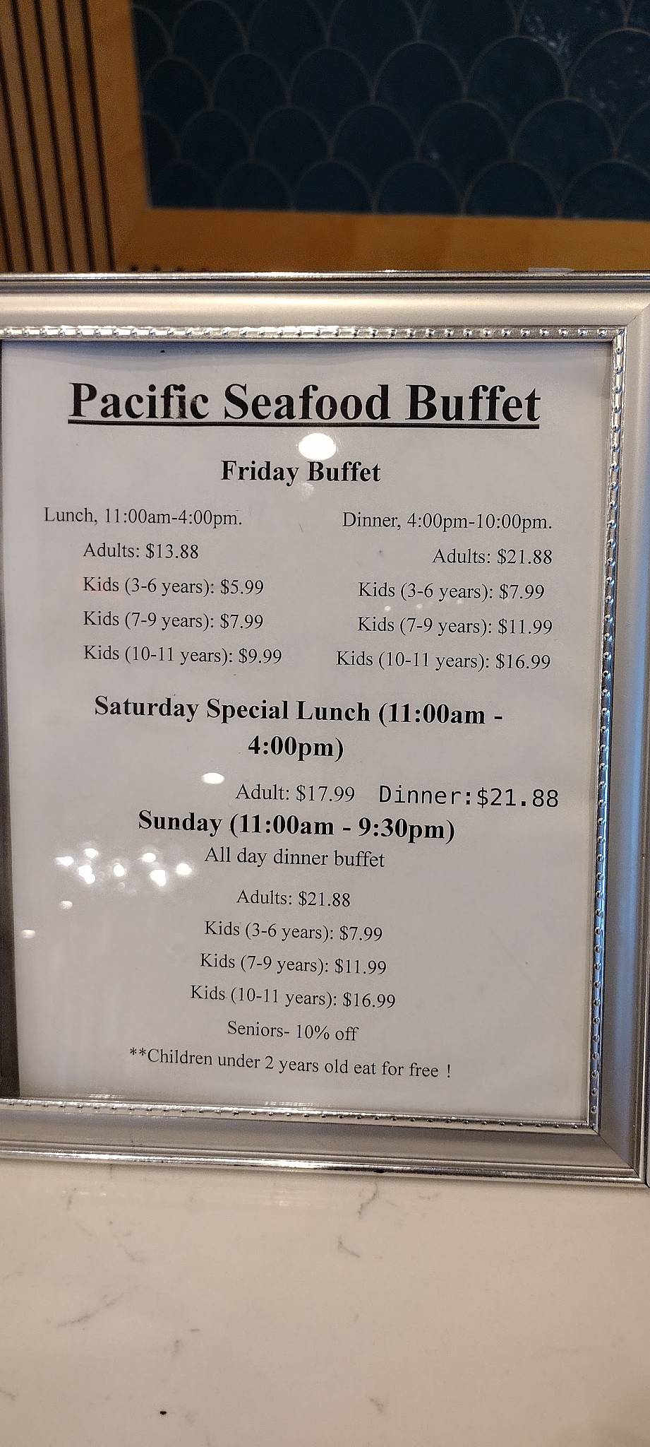 Menu at Pacific Seafood Buffet restaurant, Glendale, W Bell Rd