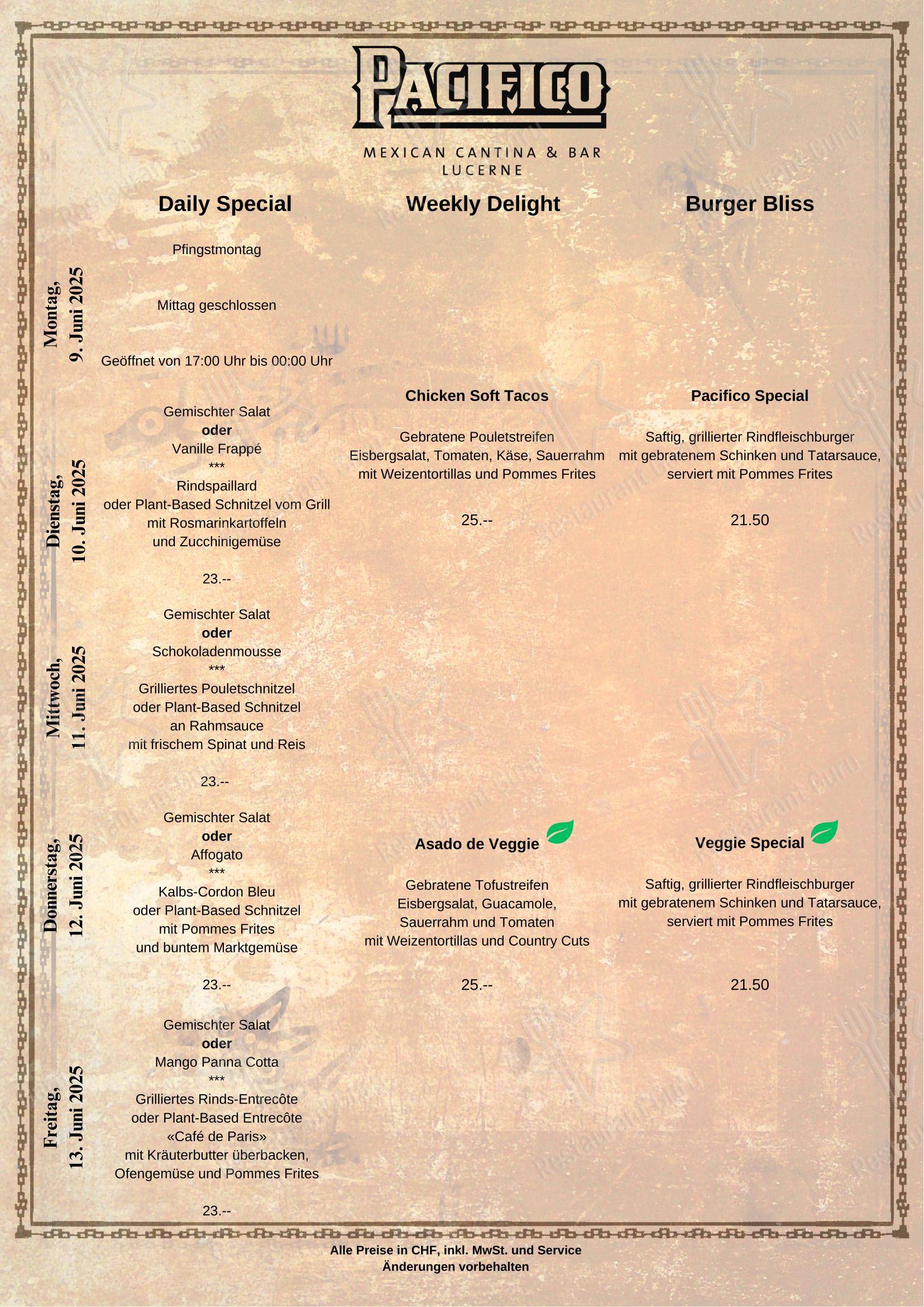 Speisekarte von Pacifico - Mexican Cantina & Bar, Luzern