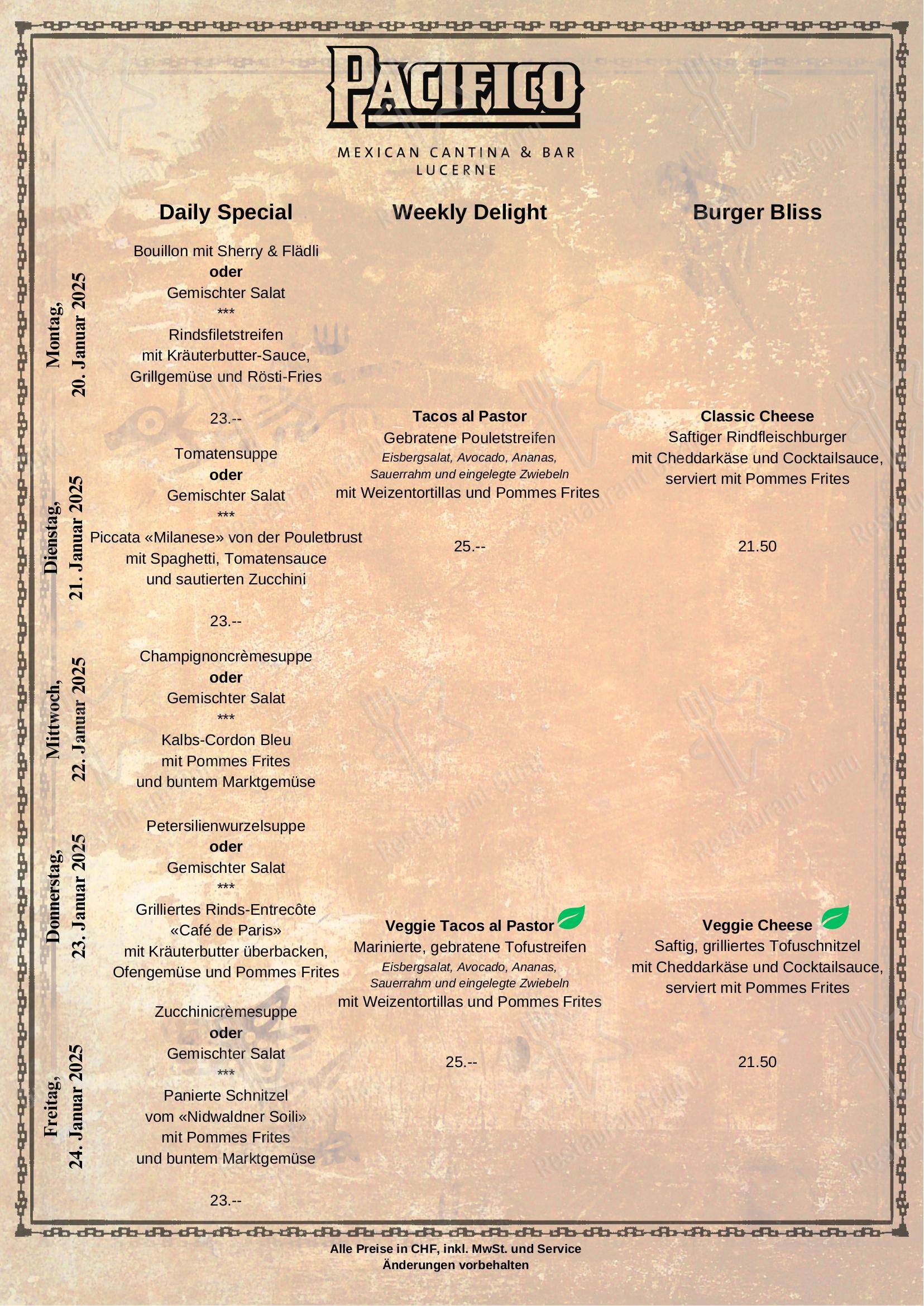 Speisekarte von Pacifico - Mexican Cantina & Bar, Luzern