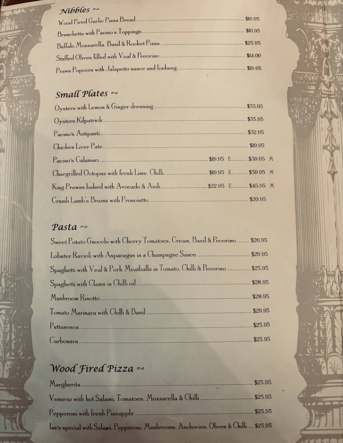 Menu at Pacino's restaurant, Rockhampton City, 5 East St