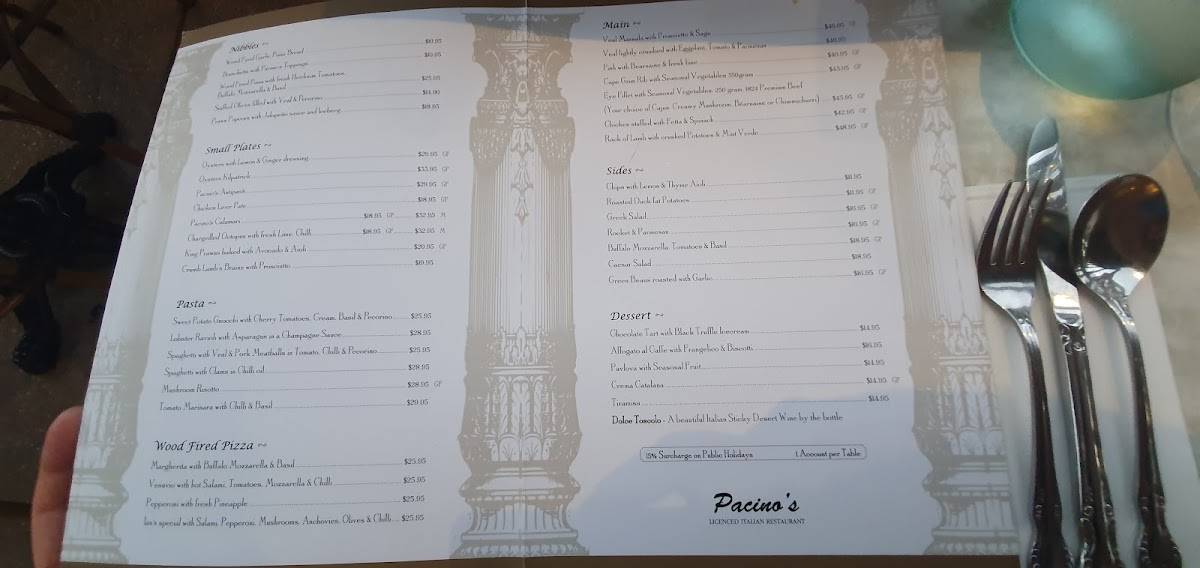 Menu at Pacino's restaurant, Rockhampton City, 5 East St