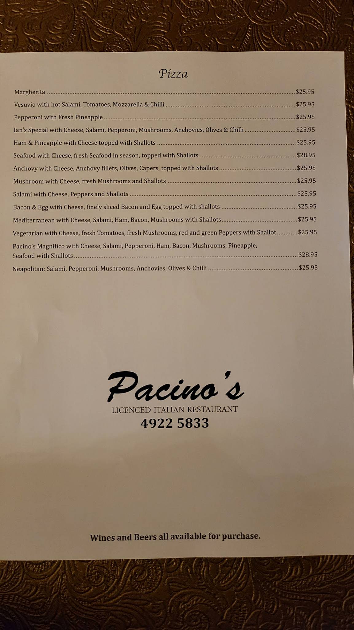Menu at Pacino's restaurant, Rockhampton City, 5 East St