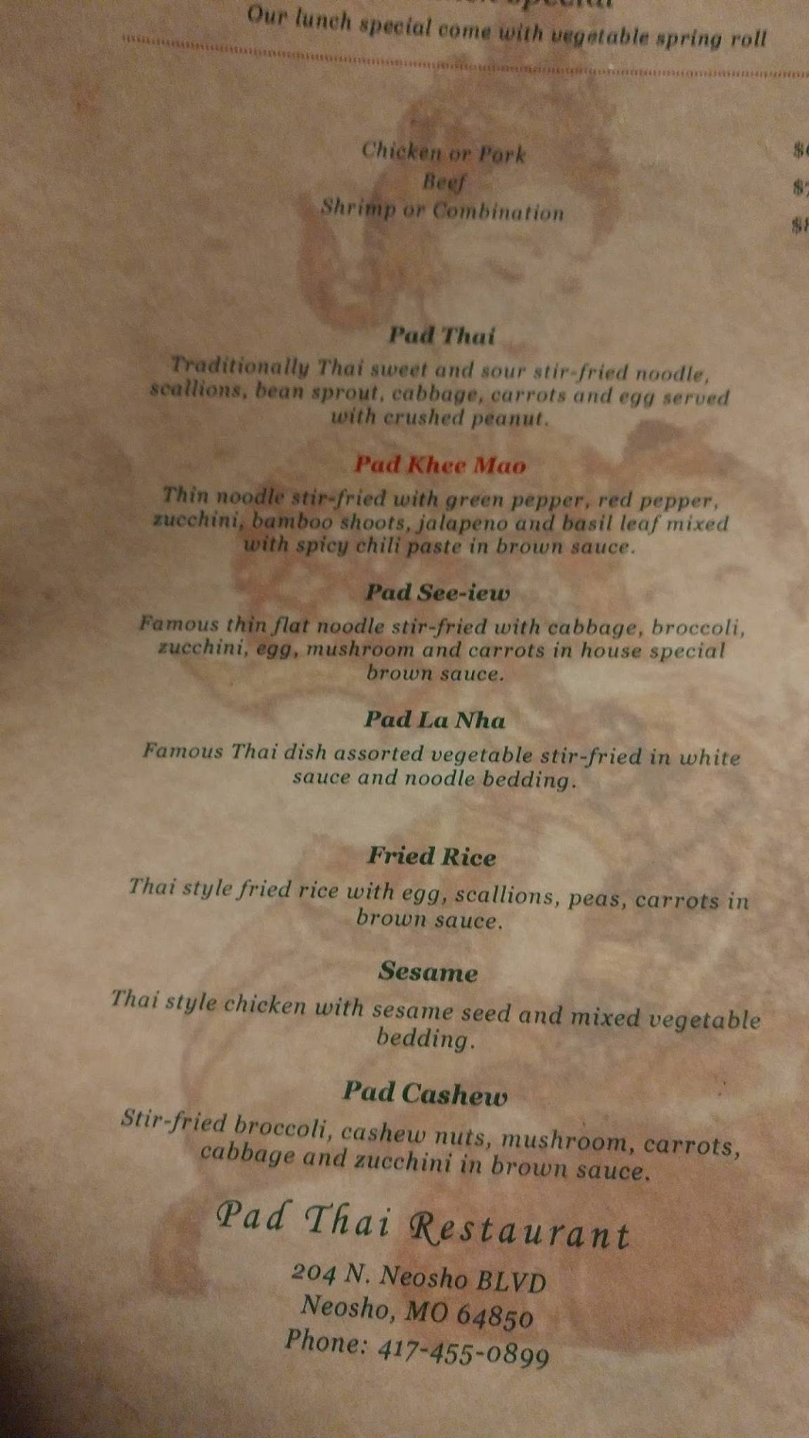 Menu at Pad Thai restaurant, Neosho