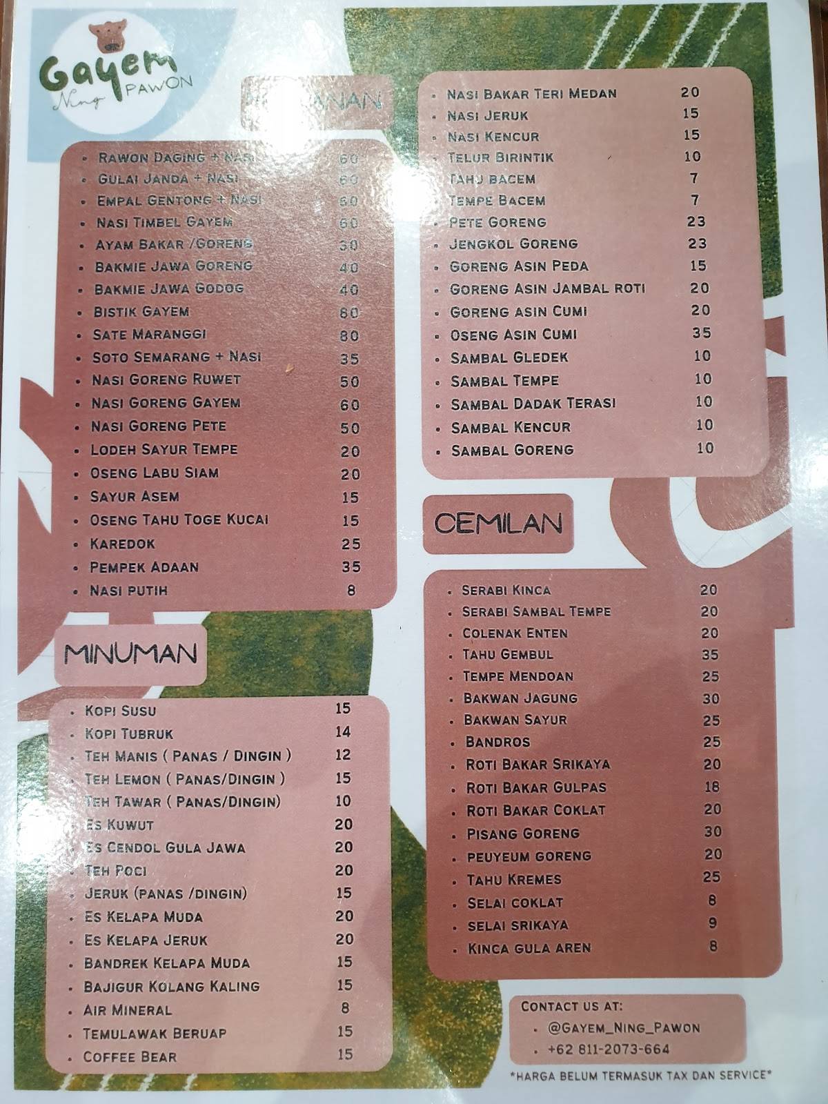 Menu at Gayem Ning Pawon restaurant, Padalarang
