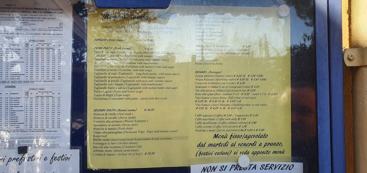 Menu da Trattoria Basso Isonzo ristorante, Padova