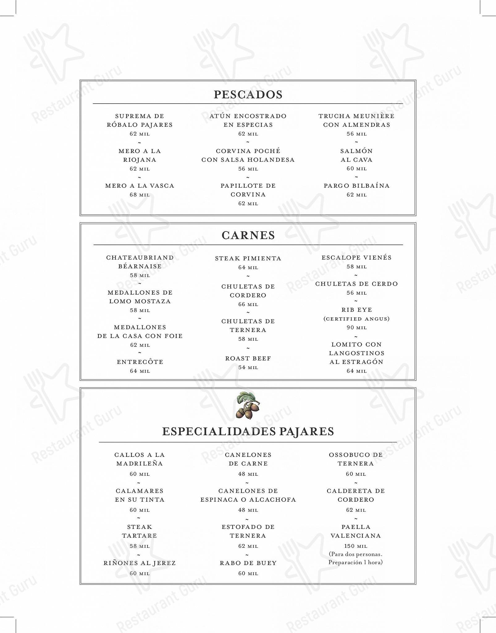 Carta de Restaurante Pajares Salinas, Bogotá