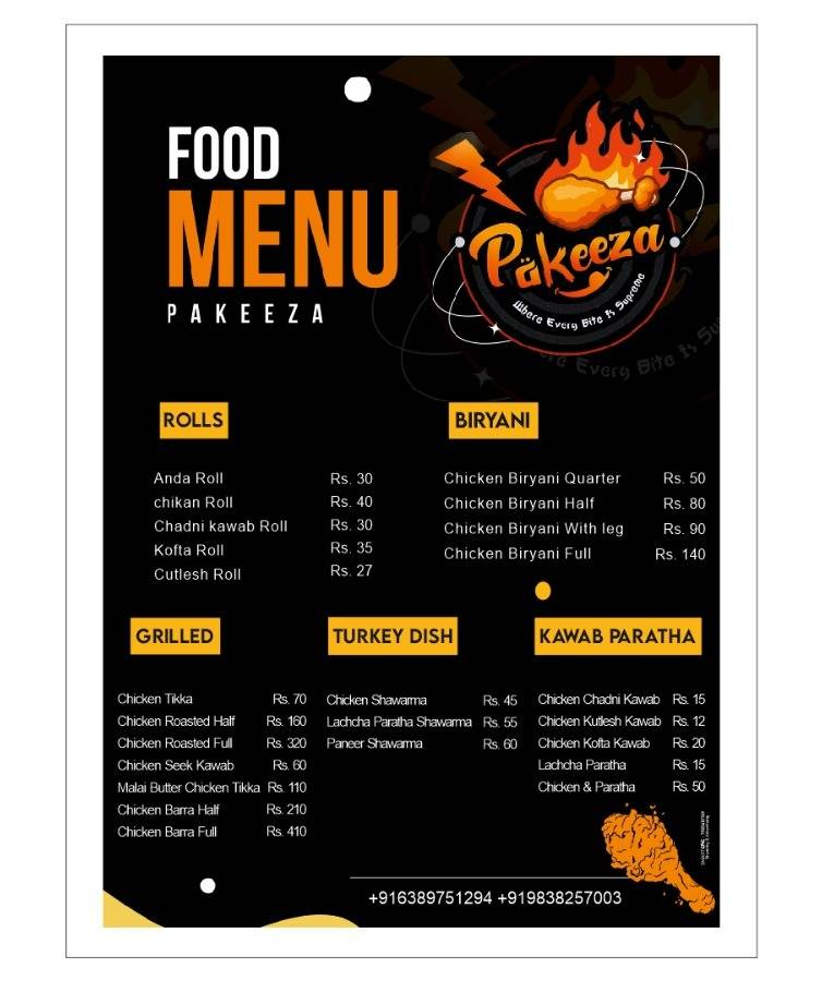 Menu at Pakeeza Roll Corner, Bahraich, Bus Stand