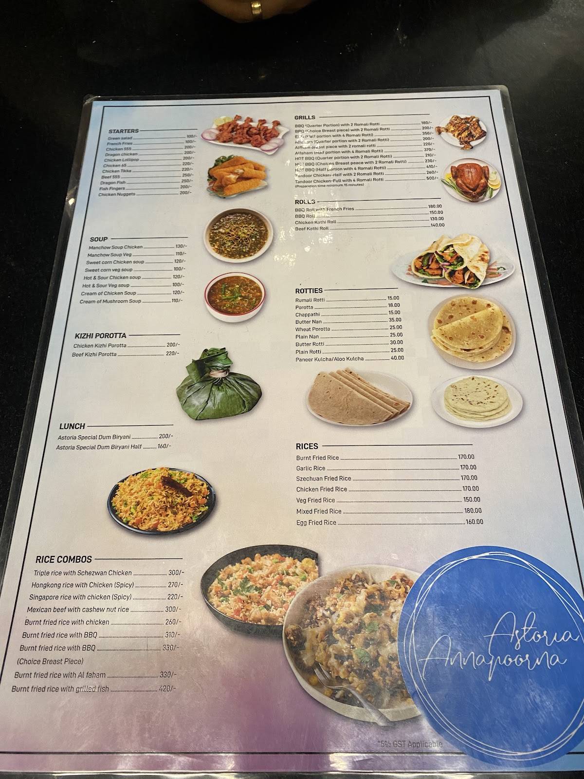 Menu at Astoria, Pala