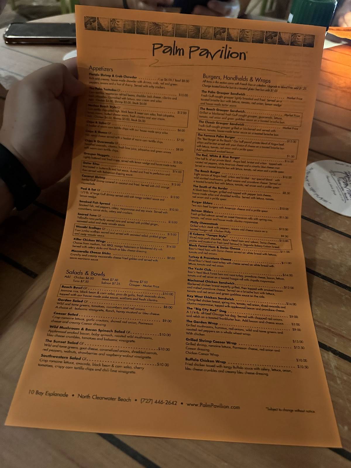 Menu at Palm Pavilion Beachside Grill & Bar, Clearwater, 10 Bay Esplanade
