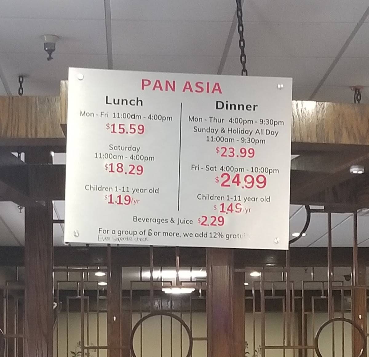 Menu at Pan Asia Buffet restaurant, San Marcos