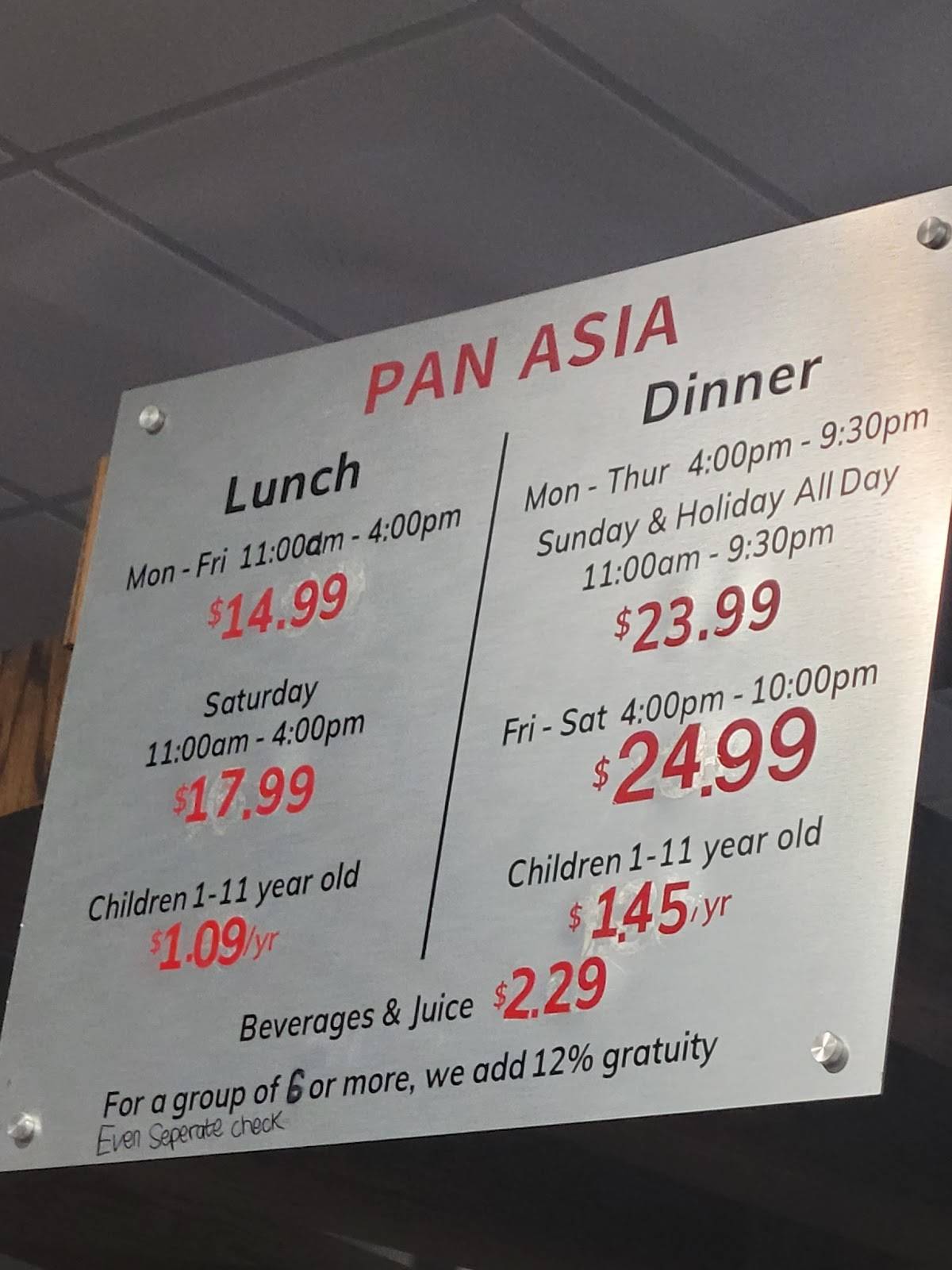 Menu at Pan Asia Buffet restaurant, San Marcos