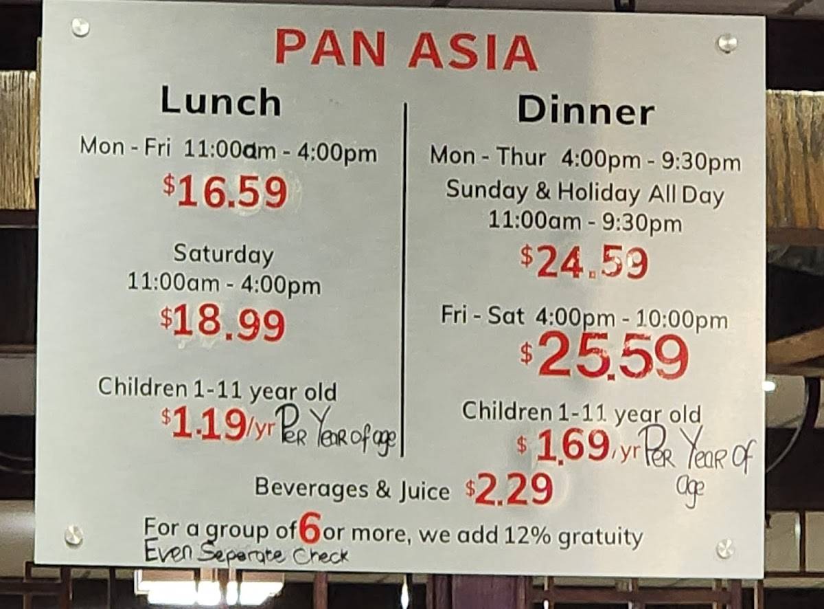 Menu at Pan Asia Buffet restaurant, San Marcos