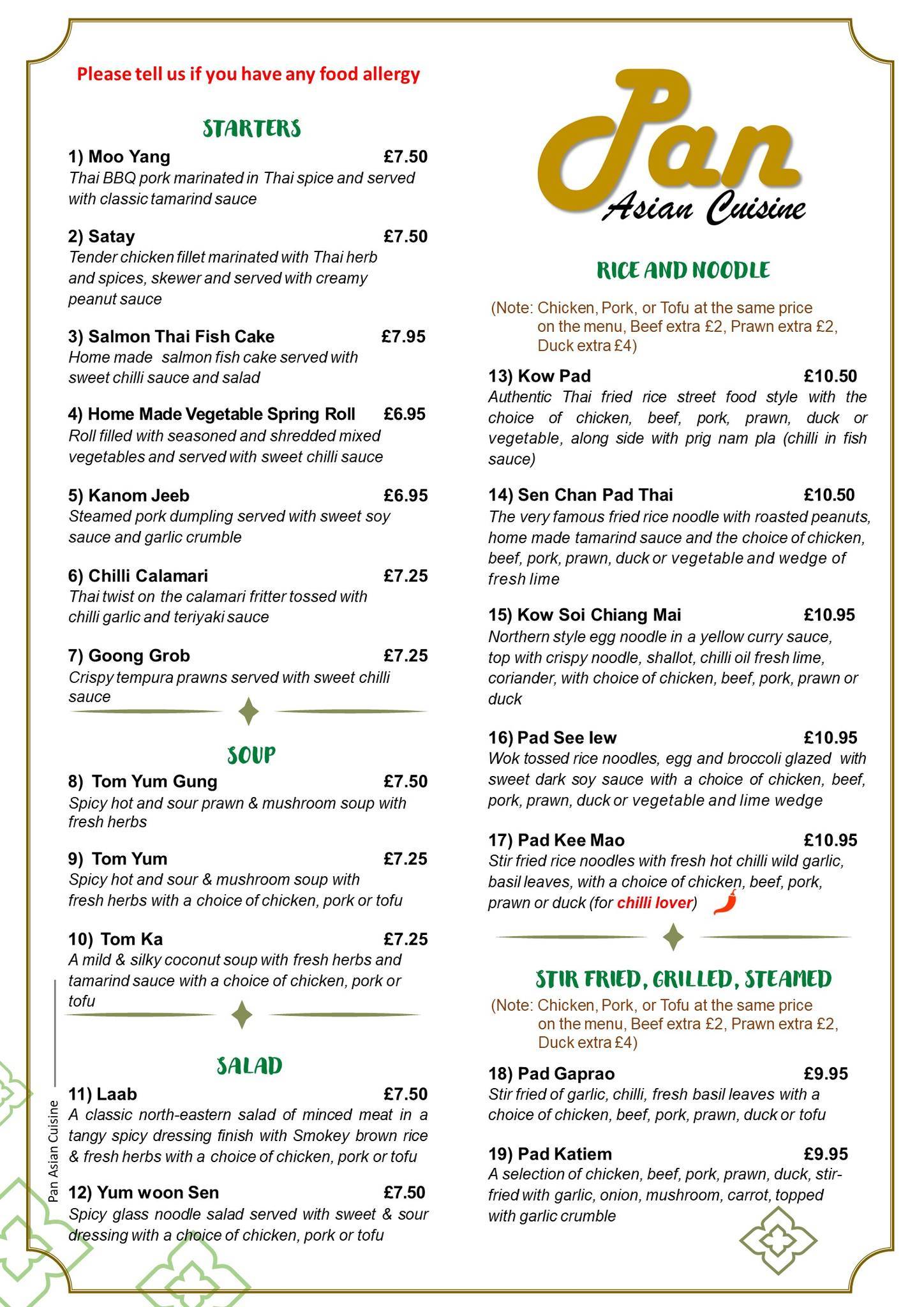 Menu at Pan Asian Cusine in Margate restaurant, Margate