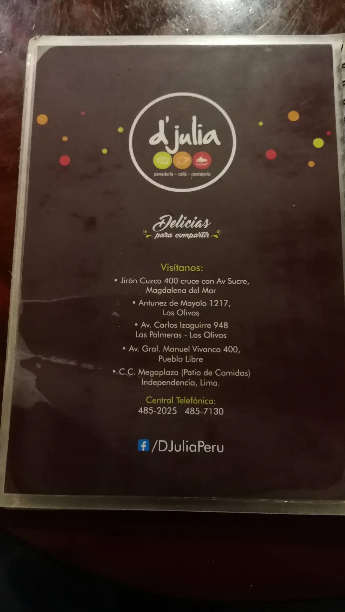 Menu at Panadería D'Julia, Los Olivos, Av. Santiago Antunez de Mayolo 1223