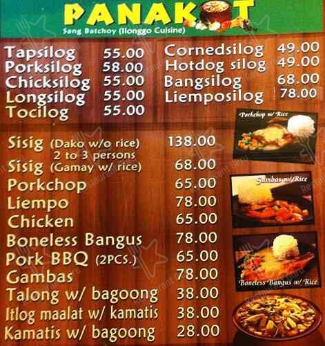 Menu at Panakot restaurant, Parañaque