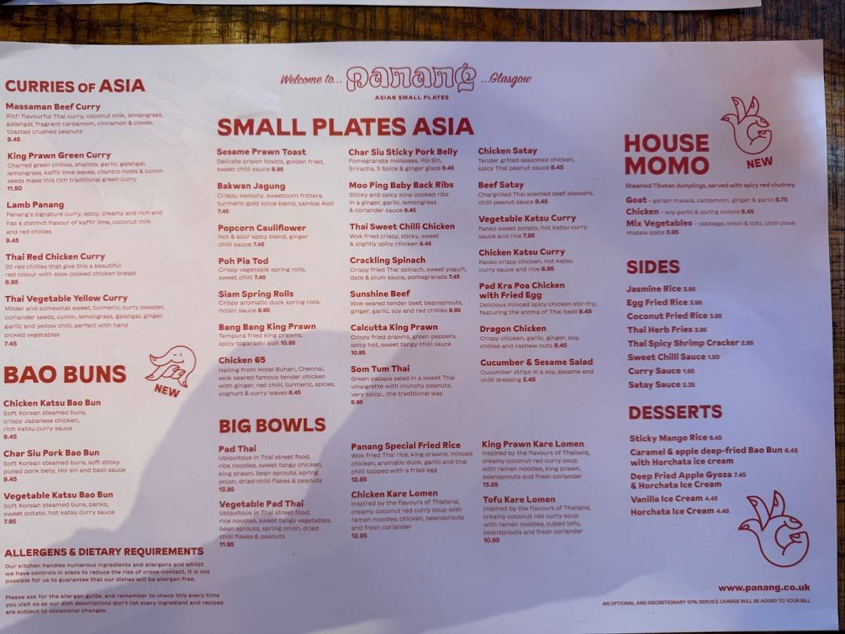 Menu at Panang restaurant, Glasgow