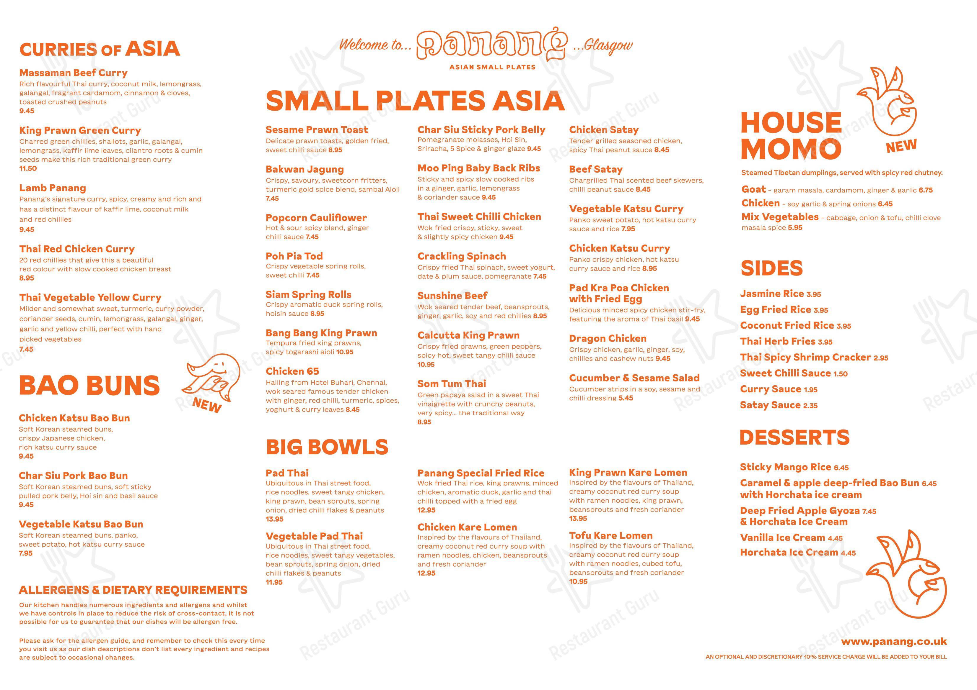 Menu at Panang restaurant, Glasgow