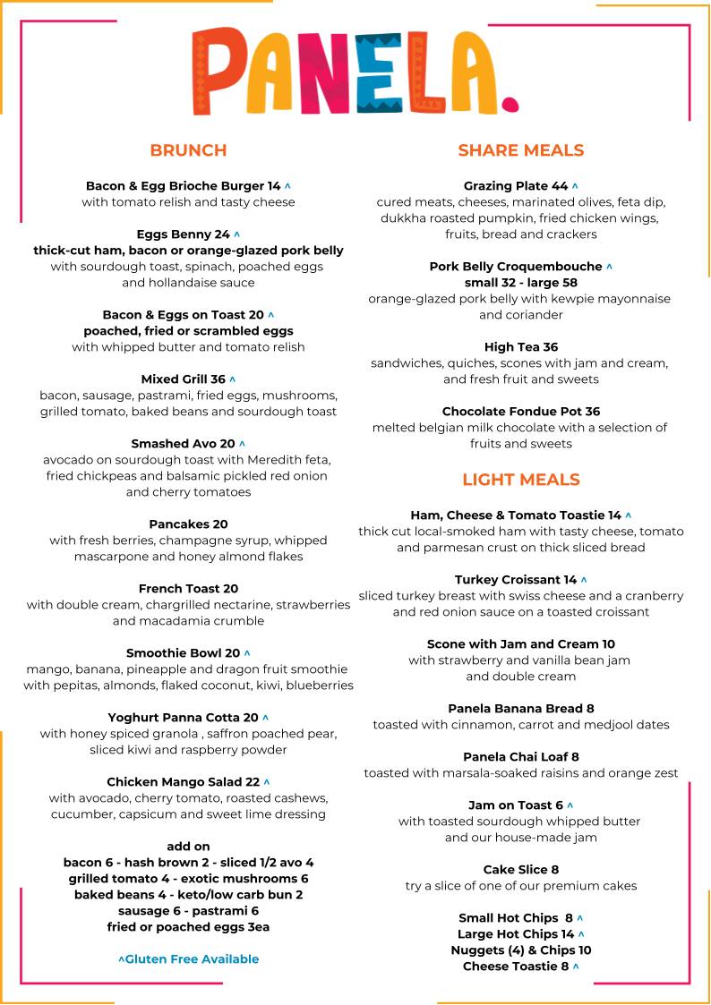 Menu at Panela Cafe, Tamworth