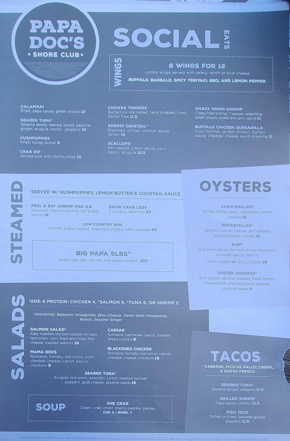 Menu at Papa Doc's Shore Club, Lake Wylie