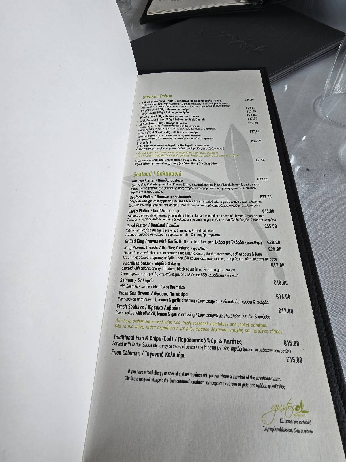 Menu at Gustoso Restaurant, Paphos, Tombs of the Kings Ave 72